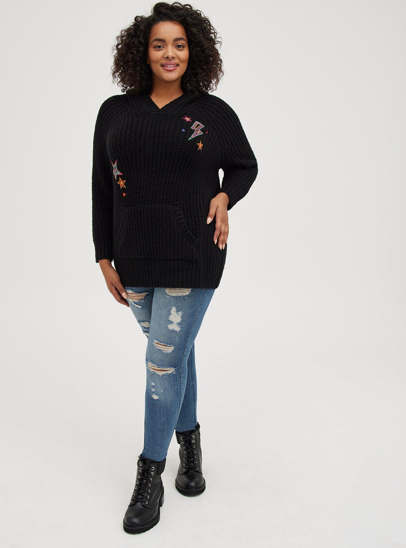 Plus Size - Raglan Hoodie Sweater - Embroidered Star Black - Torrid