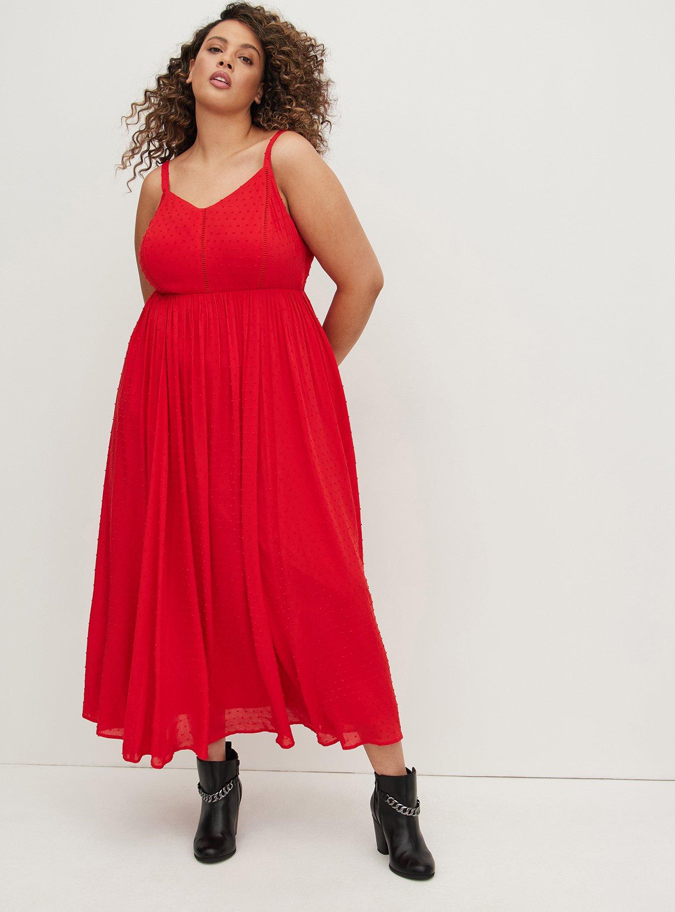 Plus Size - Ladder Trimmed Maxi Dress - Swiss Dot Chiffon Red - Torrid