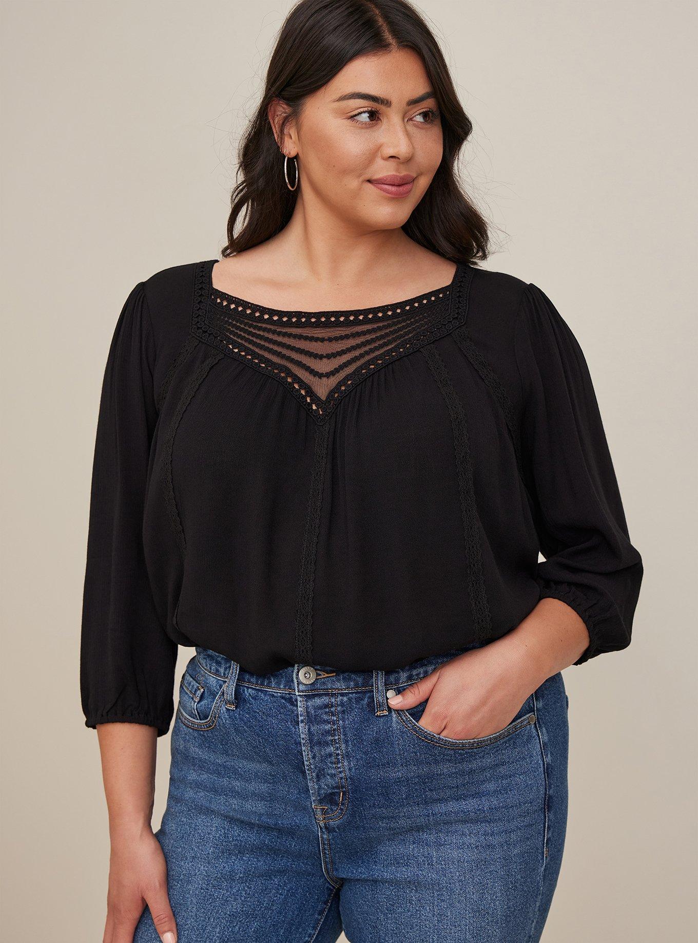 Plus Size - Gauze Embroidered And Crochet Trim Top - Torrid