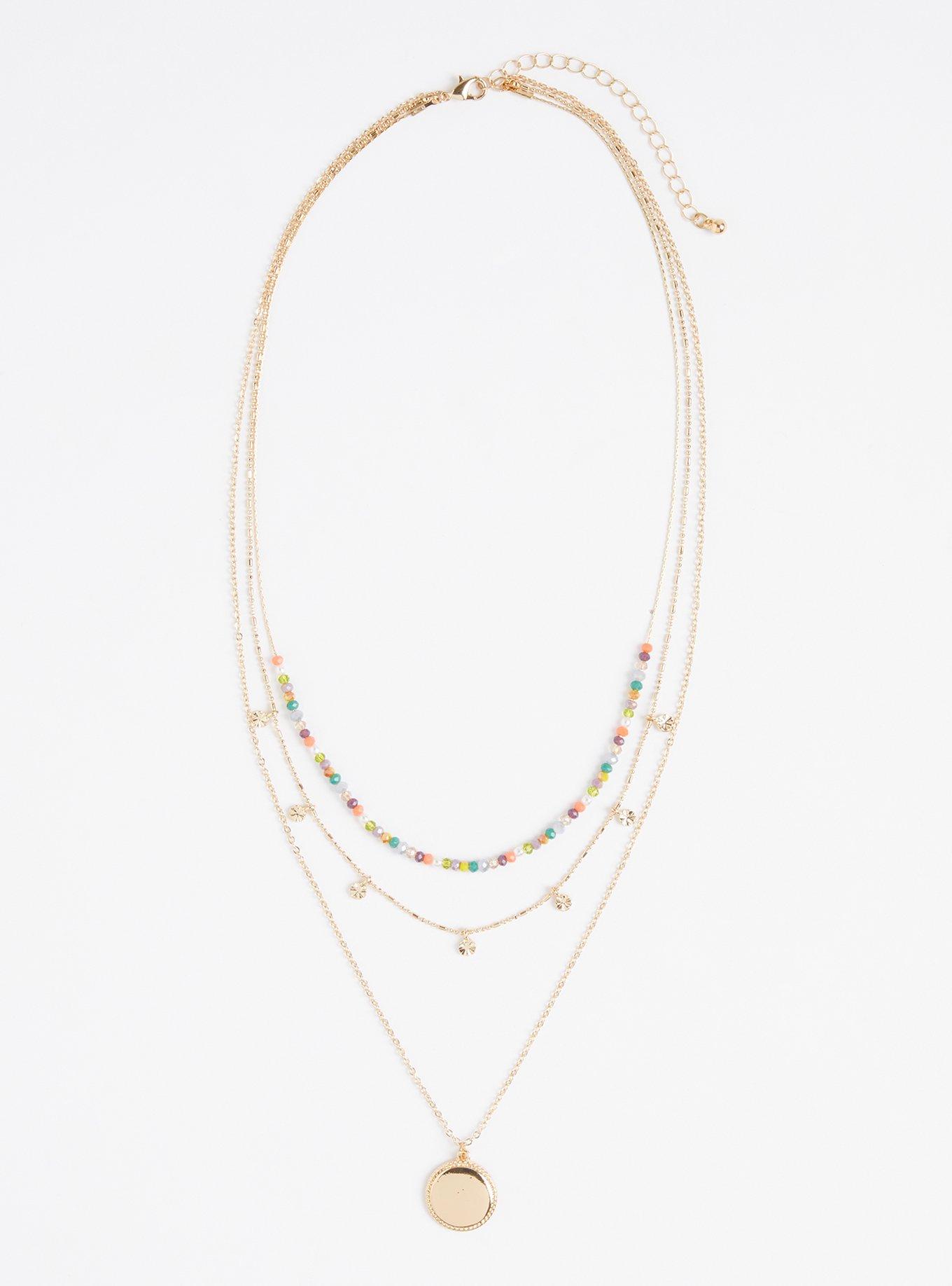 Plus Size - Beaded Layered Necklace with Disk - Gold Tone - Torrid