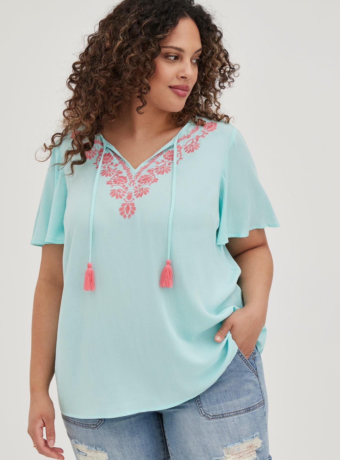 Plus Size - Embroidered Blouse - Crinkle Gauze Light Blue - Torrid