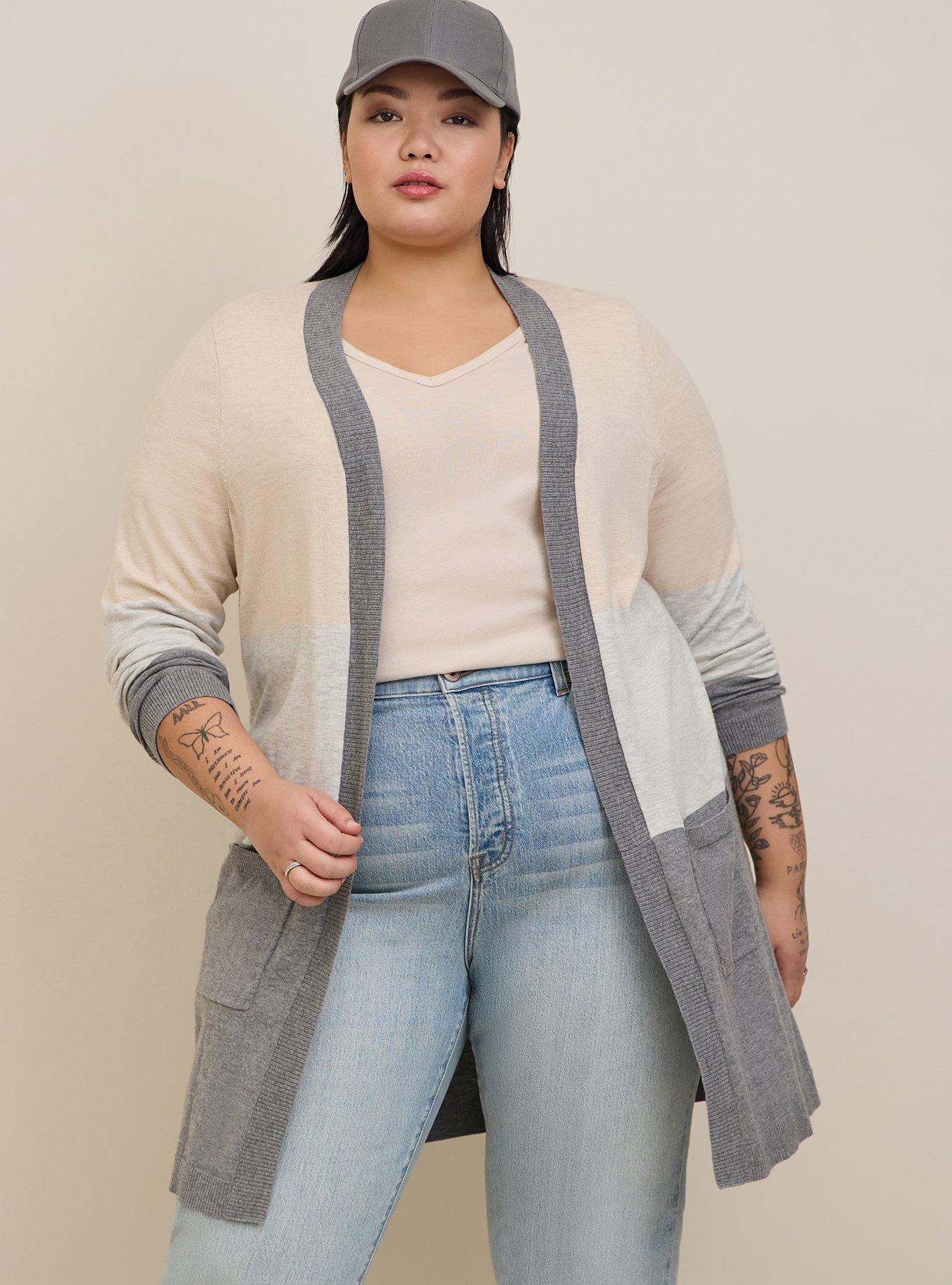Plus Size - Longline Open Front Cardigan - Cotton Colorblock - Torrid