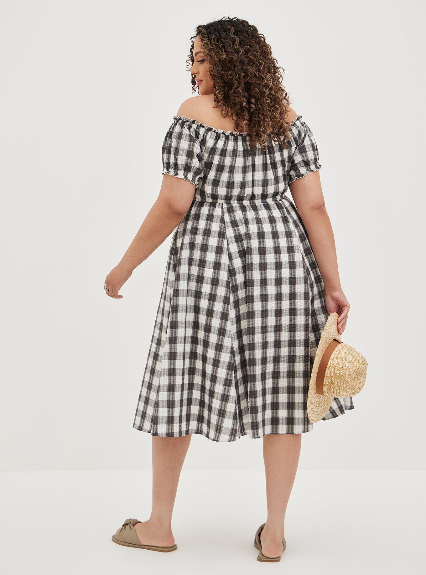 Plus Size Off Shoulder Peasant Midi Dress Seersucker Gingham Grey