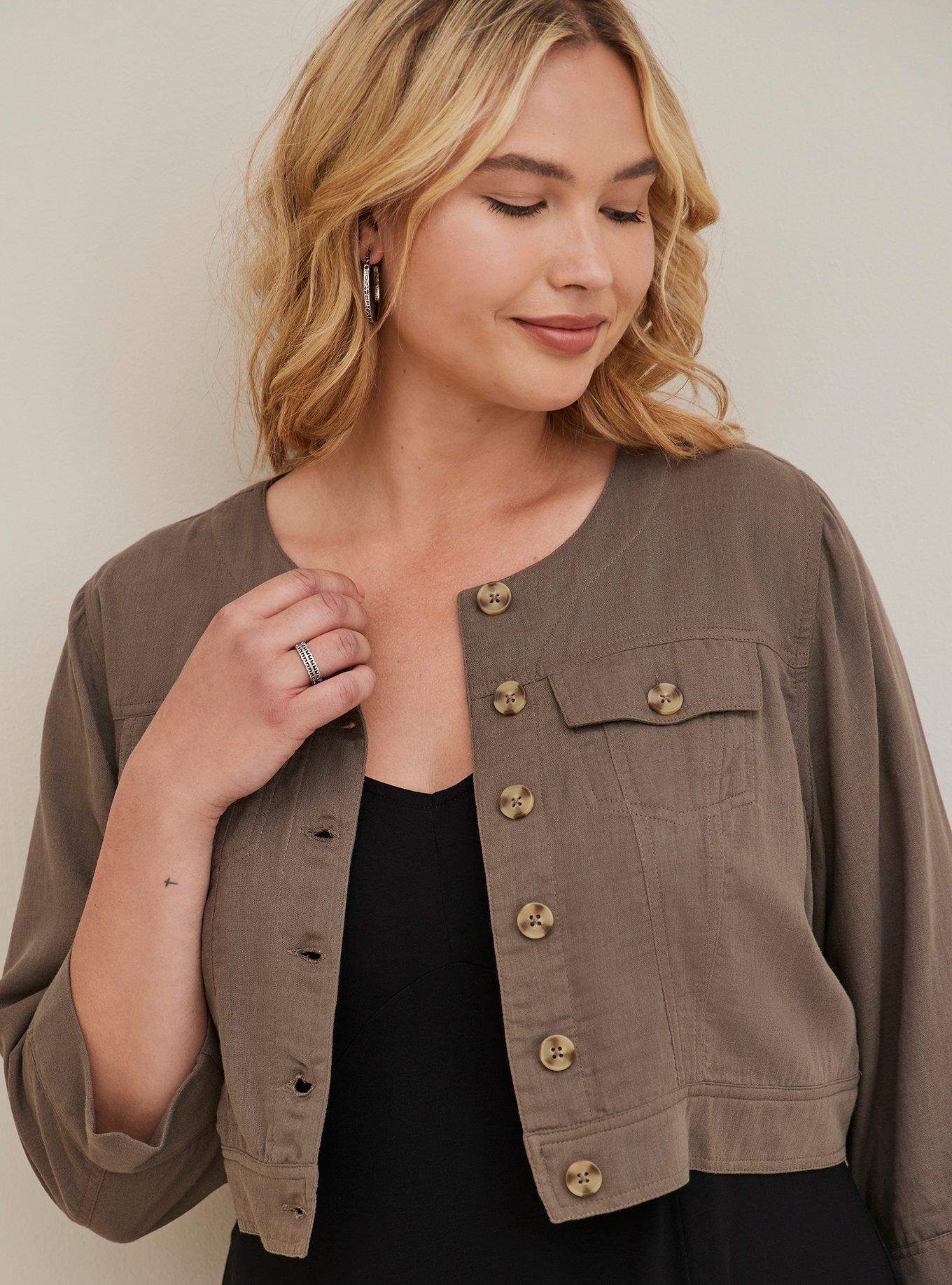 Plus Size - Crop Collarless Jacket - Cotton Brown - Torrid