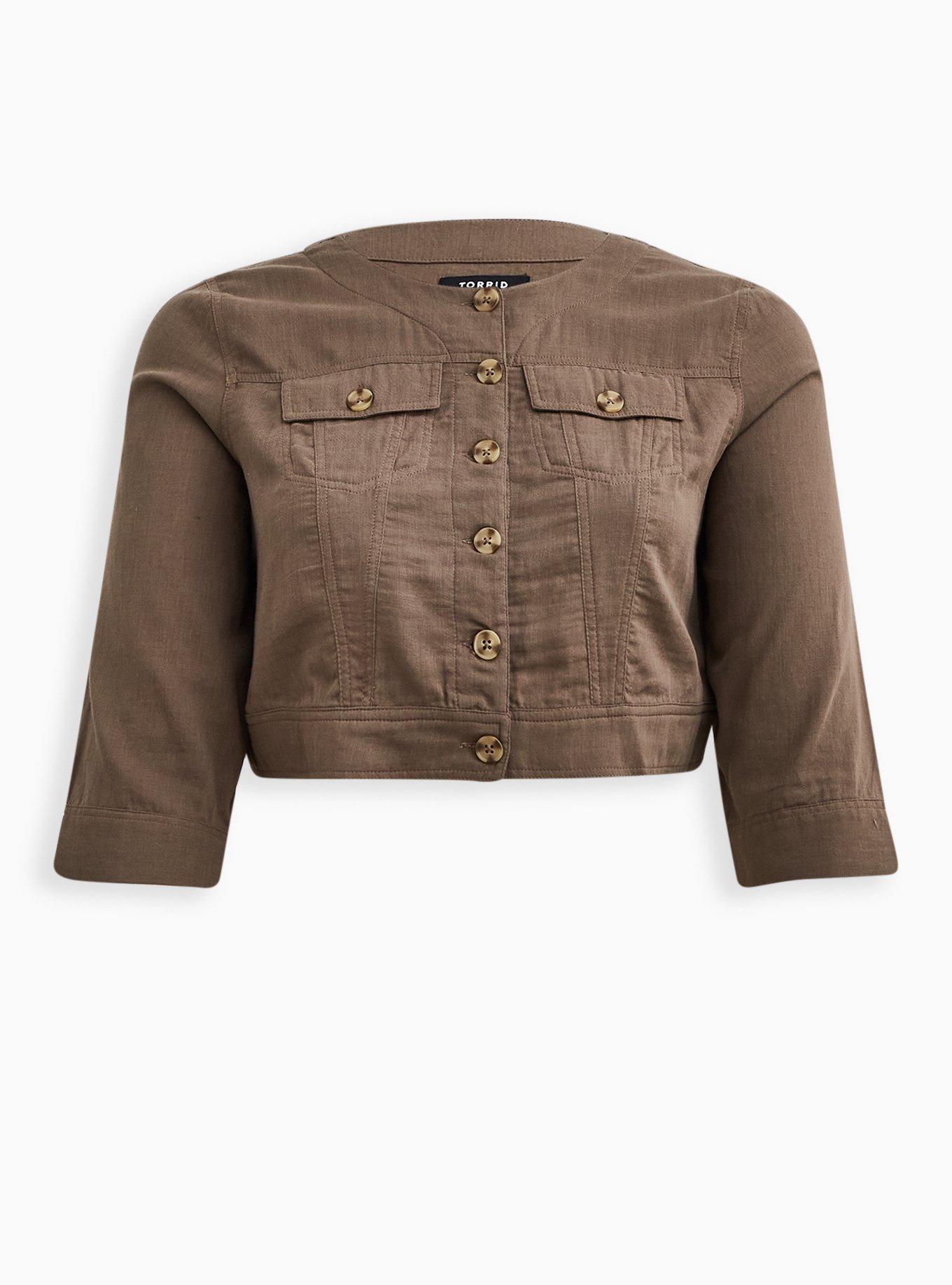 Plus Size - Crop Collarless Jacket - Cotton Brown - Torrid