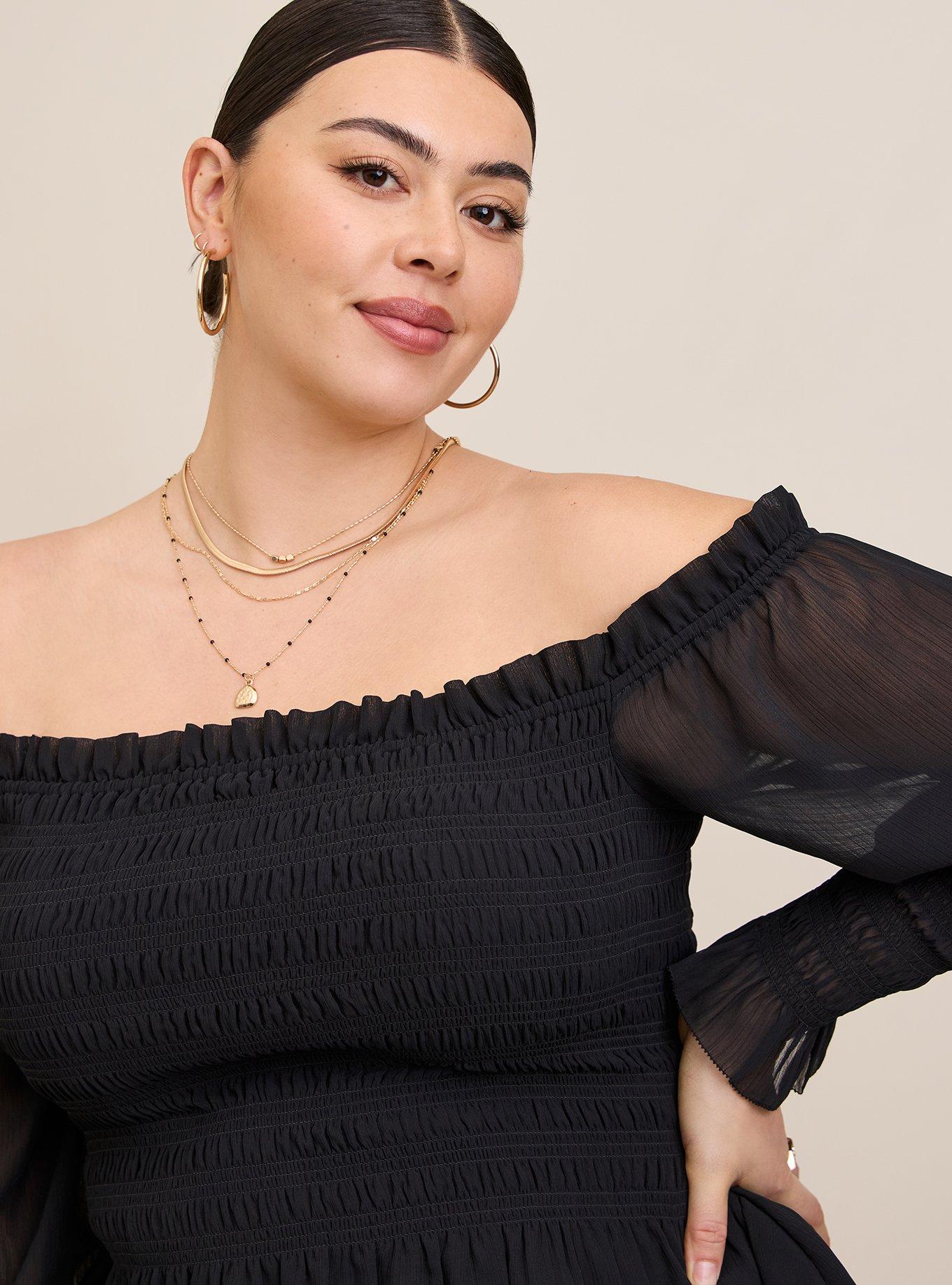 Plus Size - Crinkle Chiffon Smocked Waist Off-Shoulder Crop Top - Torrid