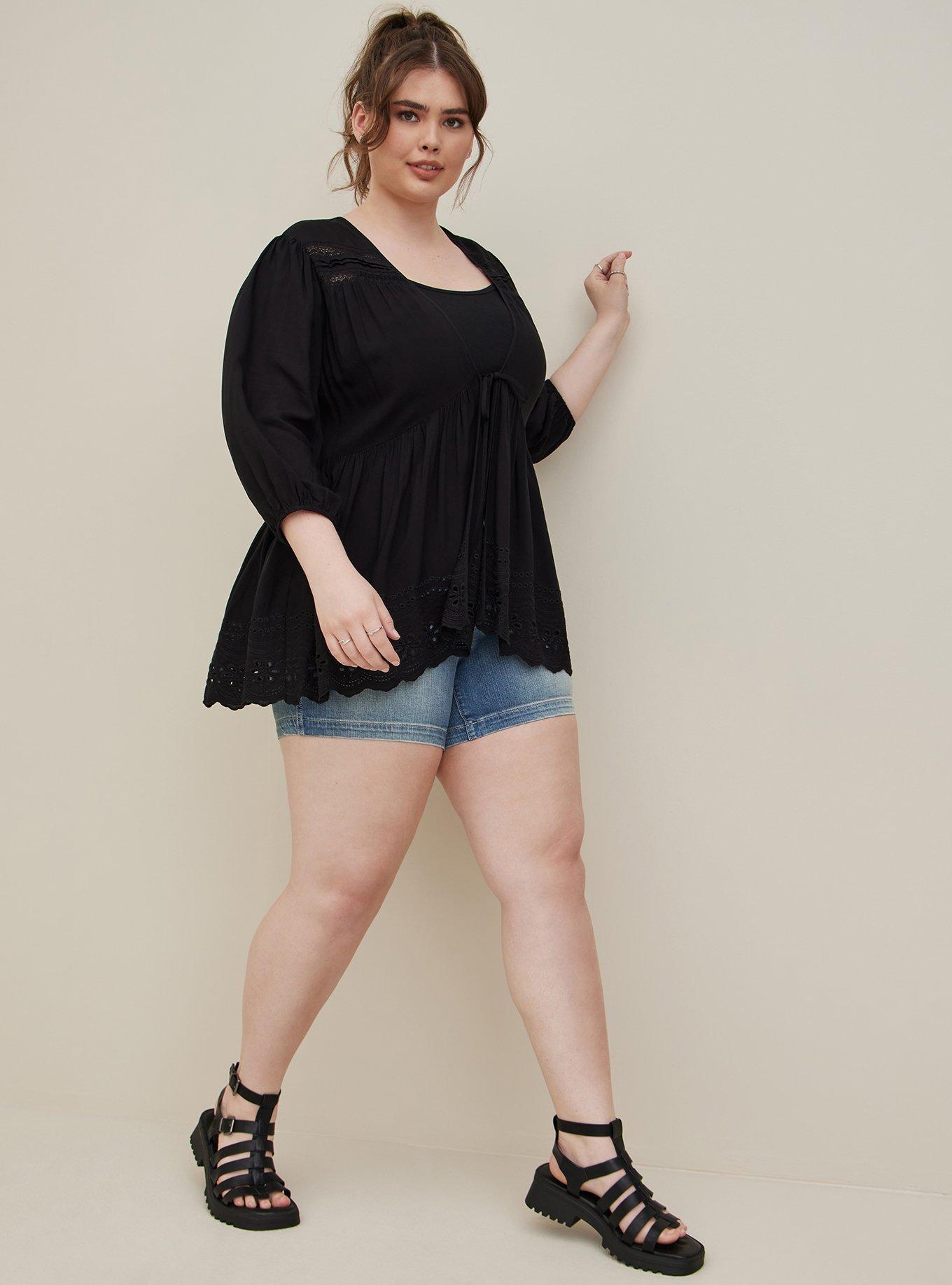 Plus Size - Eyelet Tie Front Kimono - Challis Black - Torrid
