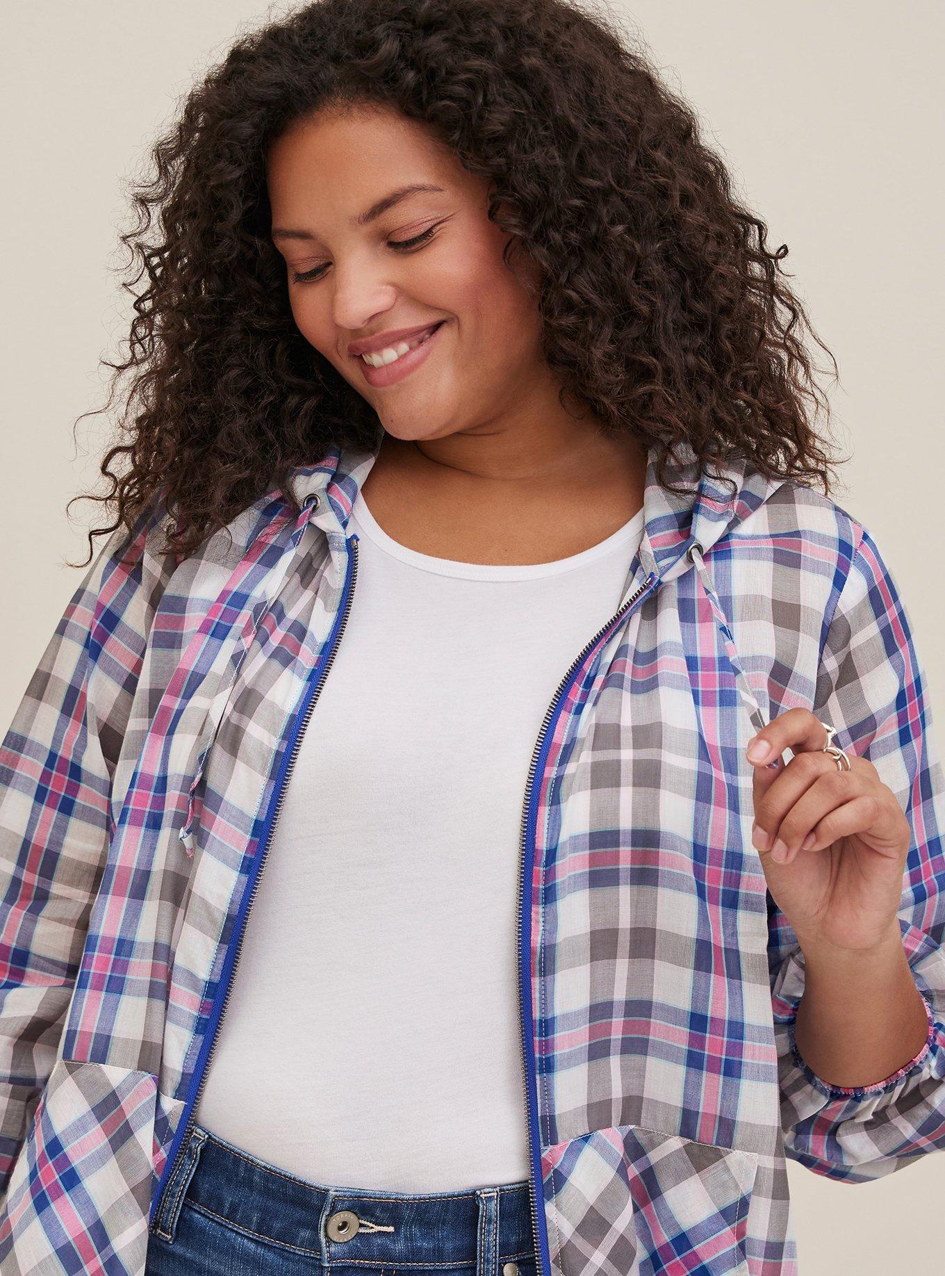 Plus Size - Long Line Zip Up Jacket - Voile Plaid Blue - Torrid