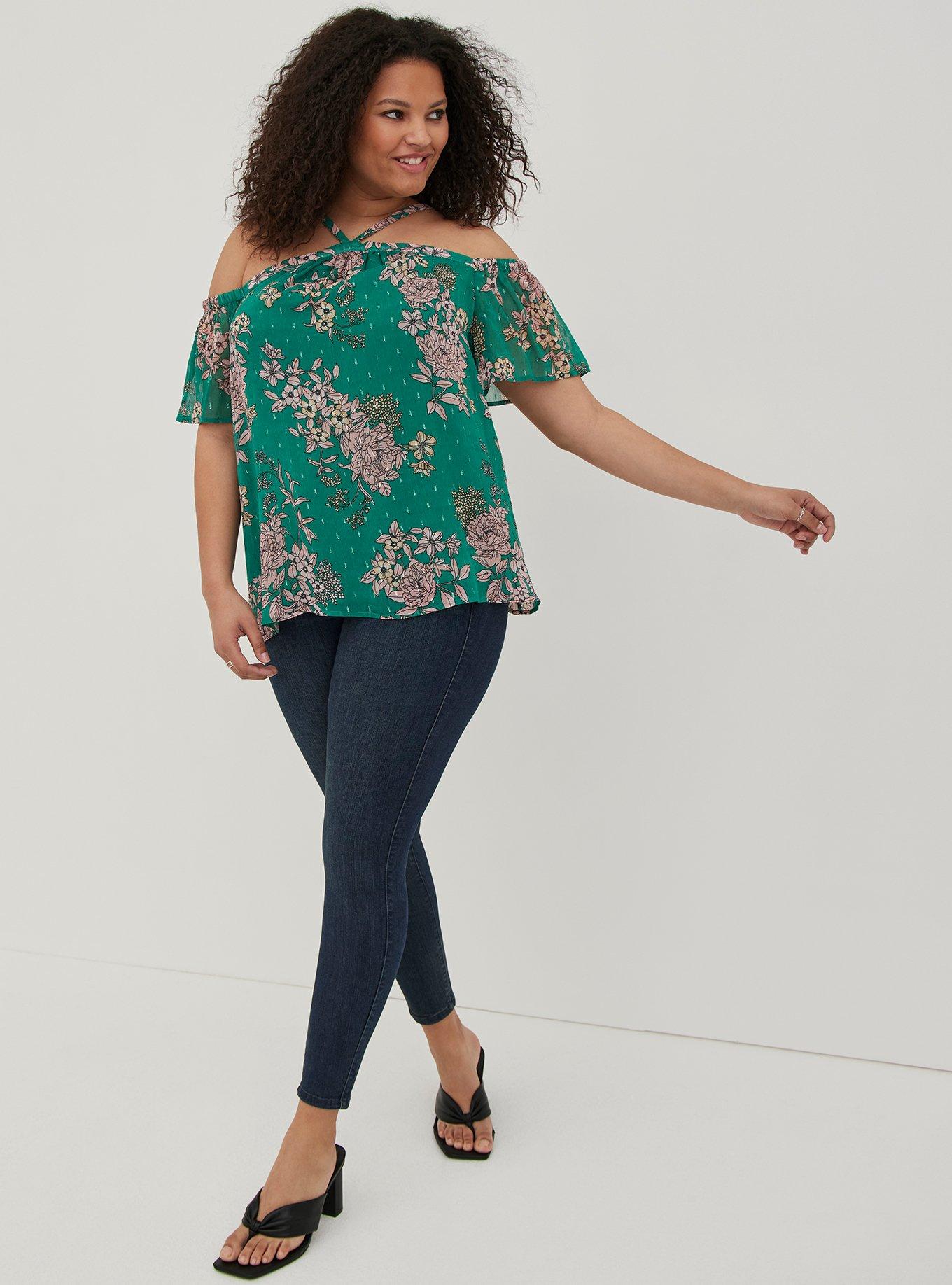 Plus Size - Cold Shoulder Halter Top - Crinkle Chiffon Floral Green ...