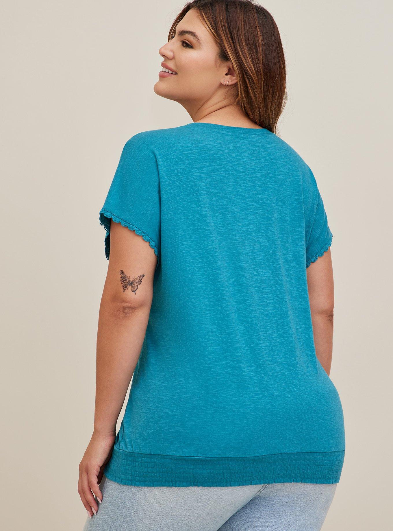 Plus Size - Super Soft Slub Smocked Bottom Lace Trim Dolman Tee - Torrid