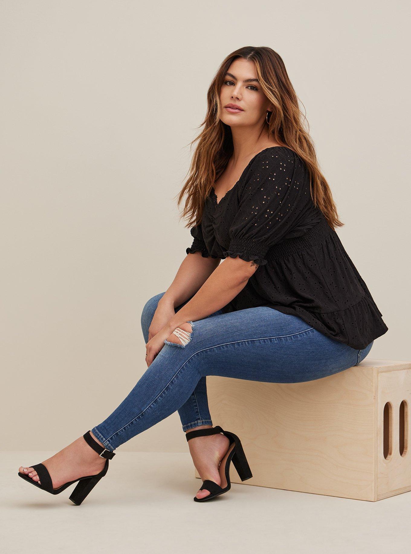 Plus Size - Eyelet Smocked Waist And Sleeve Sweetheart Top - Torrid