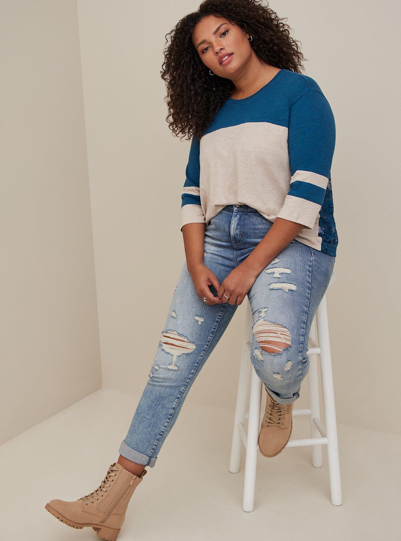 Plus Size - Cotton Jersey Lace Back Colorblock Varsity Stripe Tee - Torrid