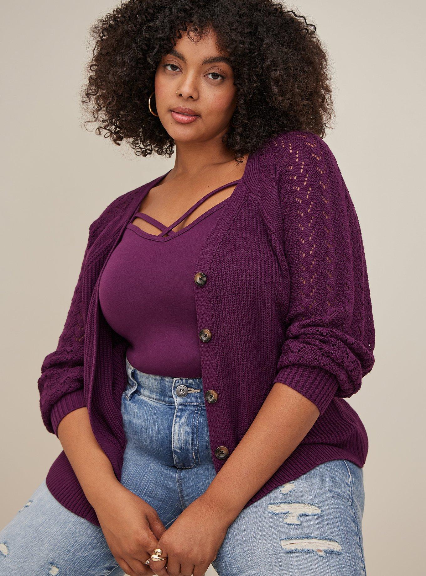 Plus Size - Pointelle Cardigan Balloon Sleeve Sweater - Torrid