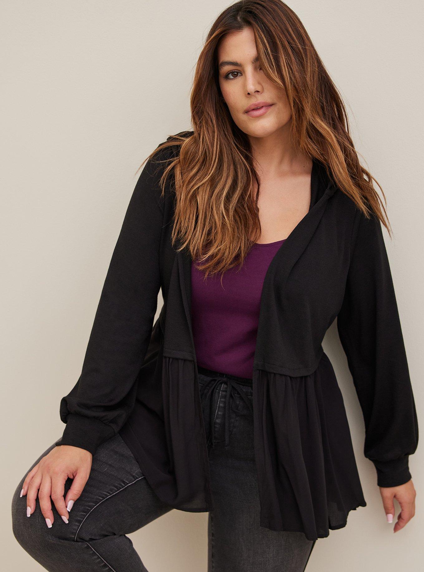 Plus Size - Hooded Kimono - Mixed French Terry & Challis Black - Torrid