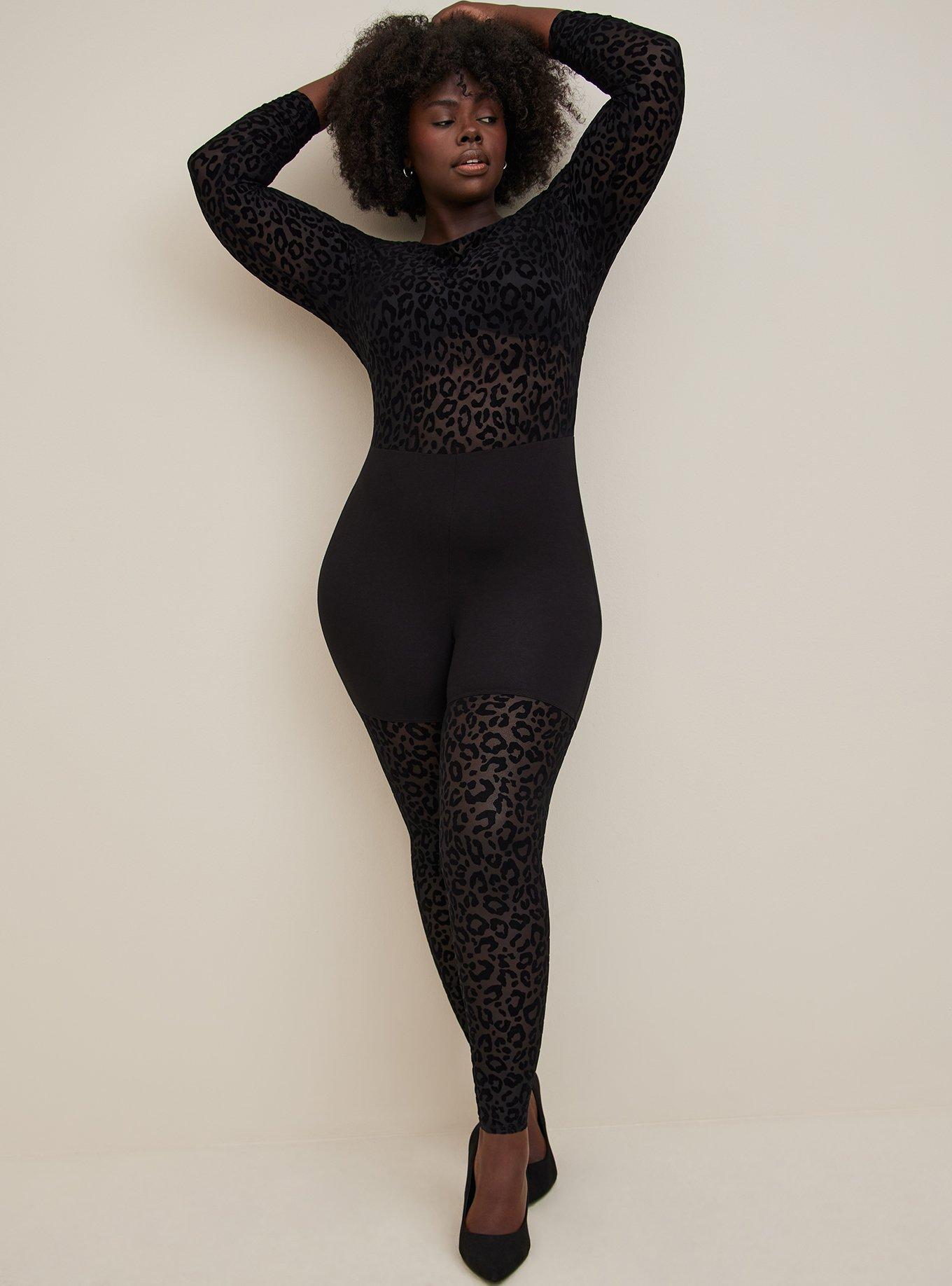 Plus Size - Full Length Long Sleeve Cat Suit - Flocked Black - Torrid