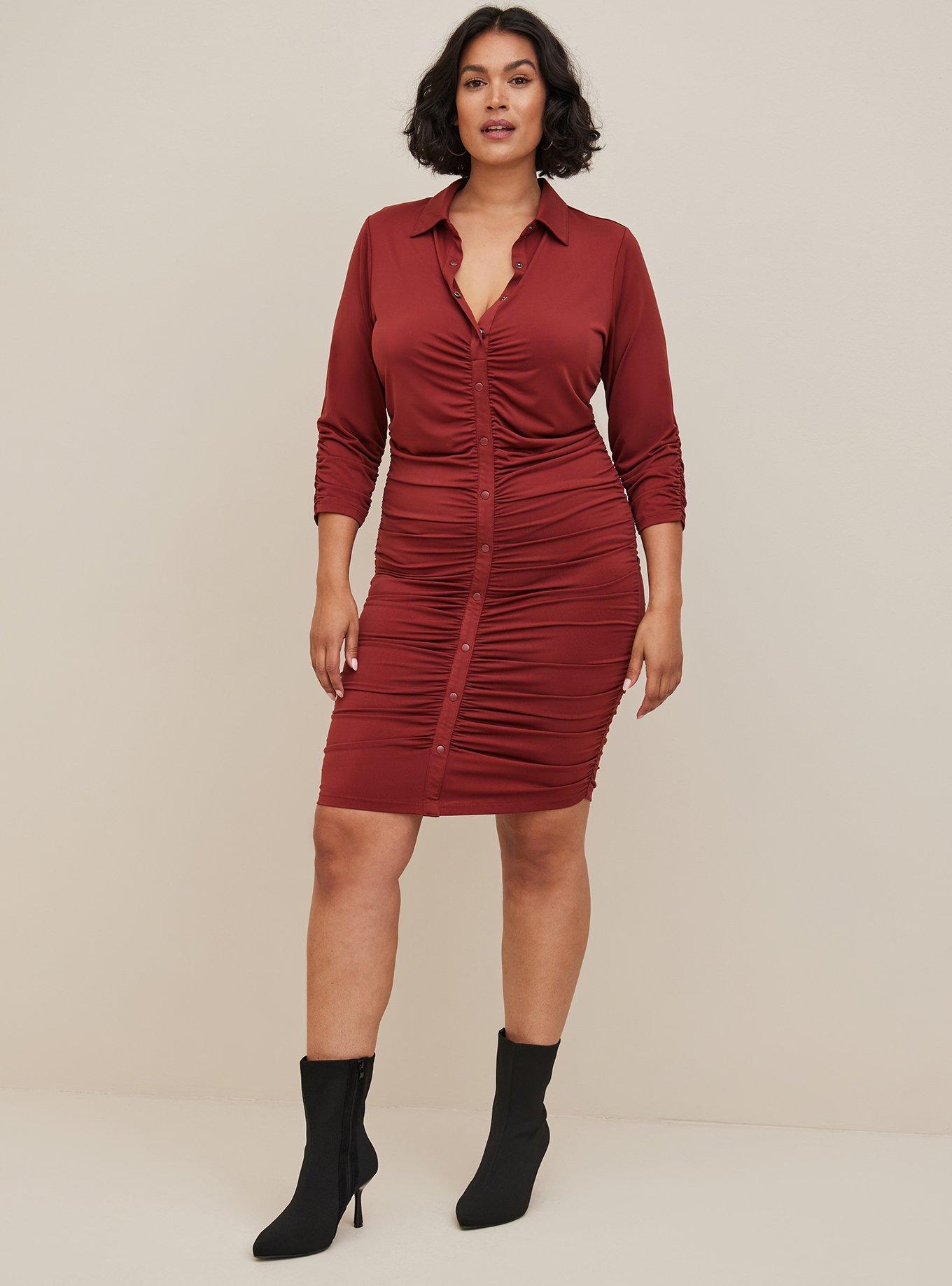 Plus Size - At The Knee Studio Knit Shirred Shirtdress - Torrid