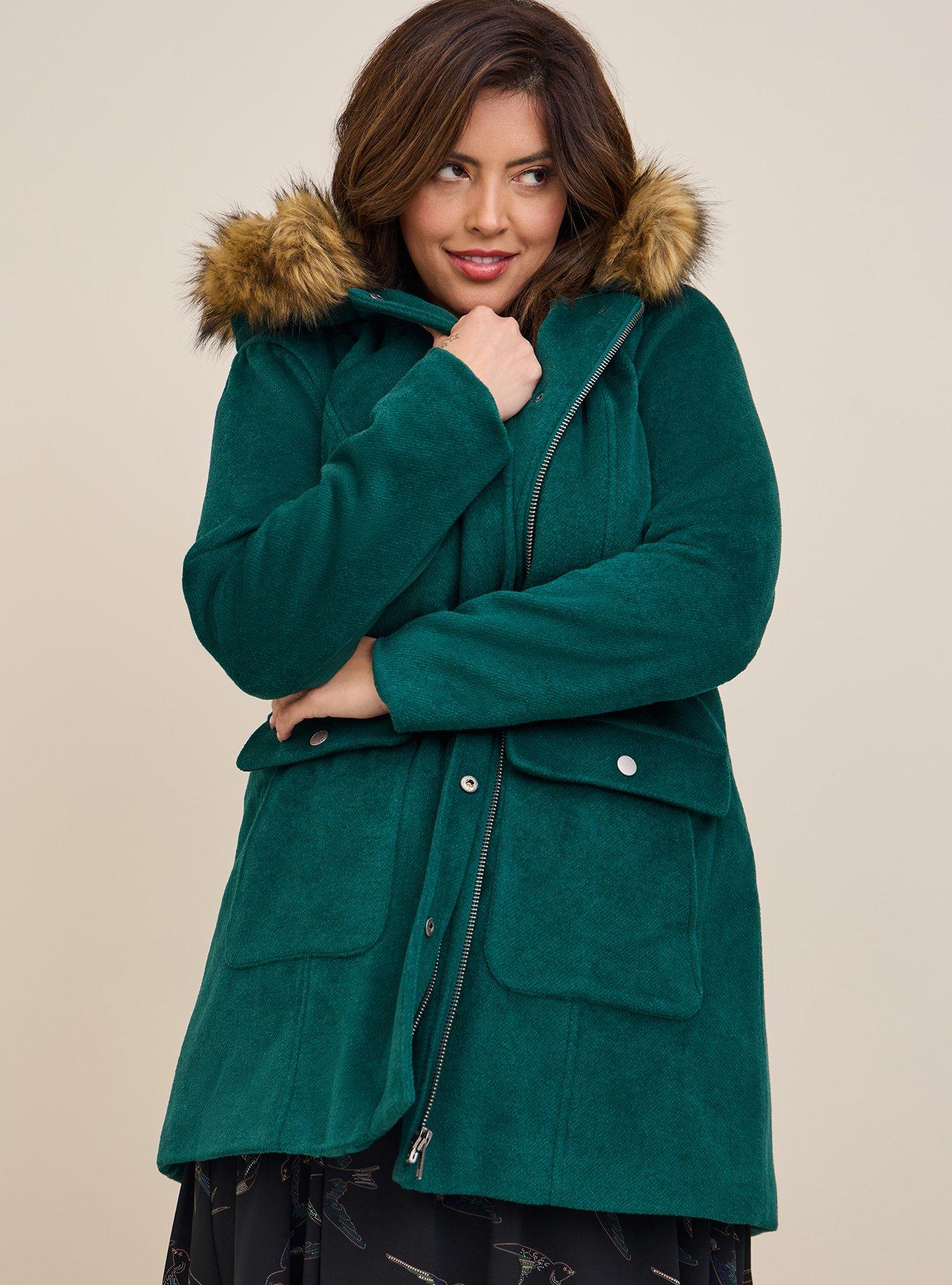Plus Size - Wool Zip Front Faux Fur Trim Coat - Torrid