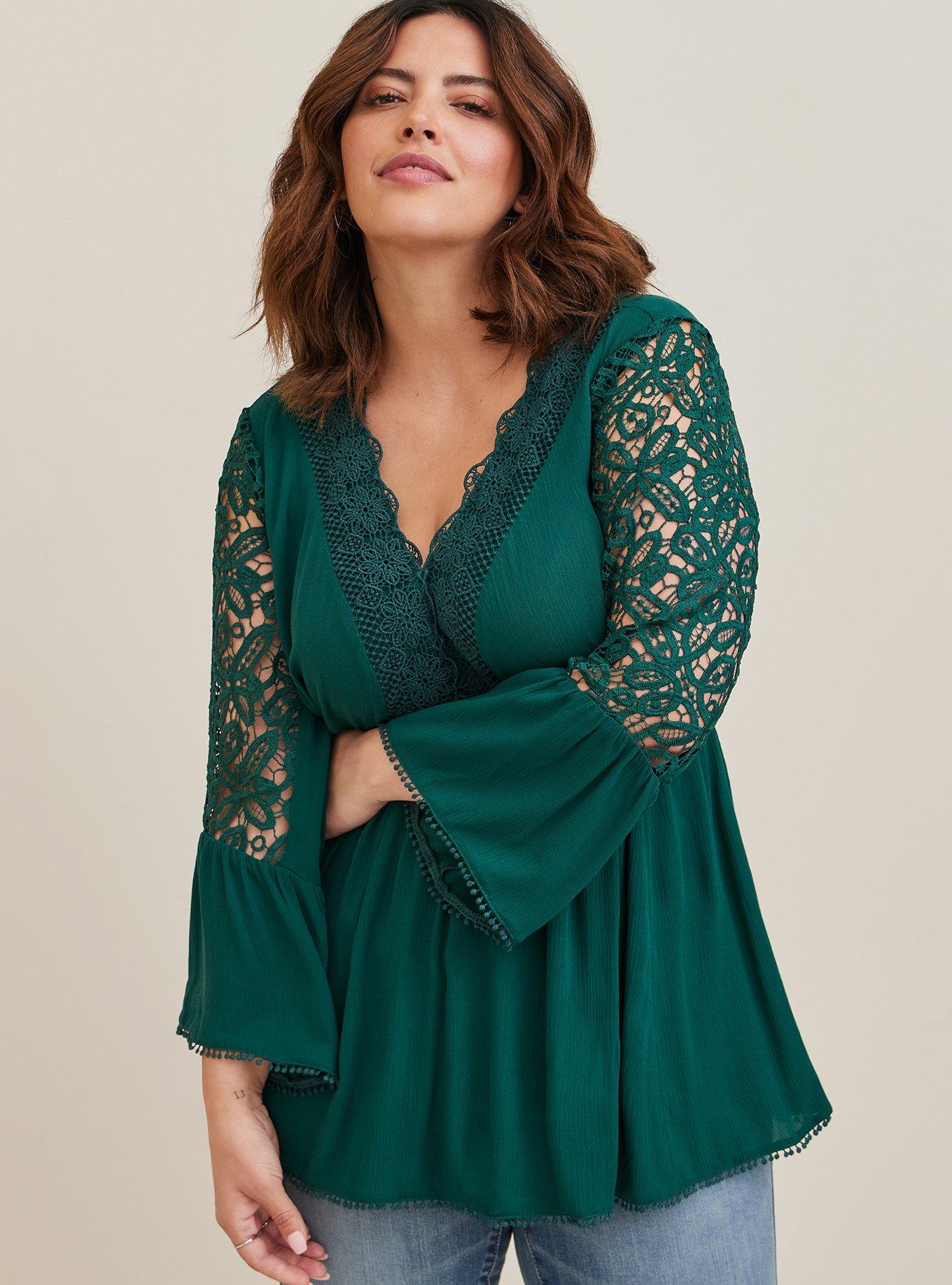 Plus Size - Babydoll Crinkle Gauze Lace Detail Top - Torrid
