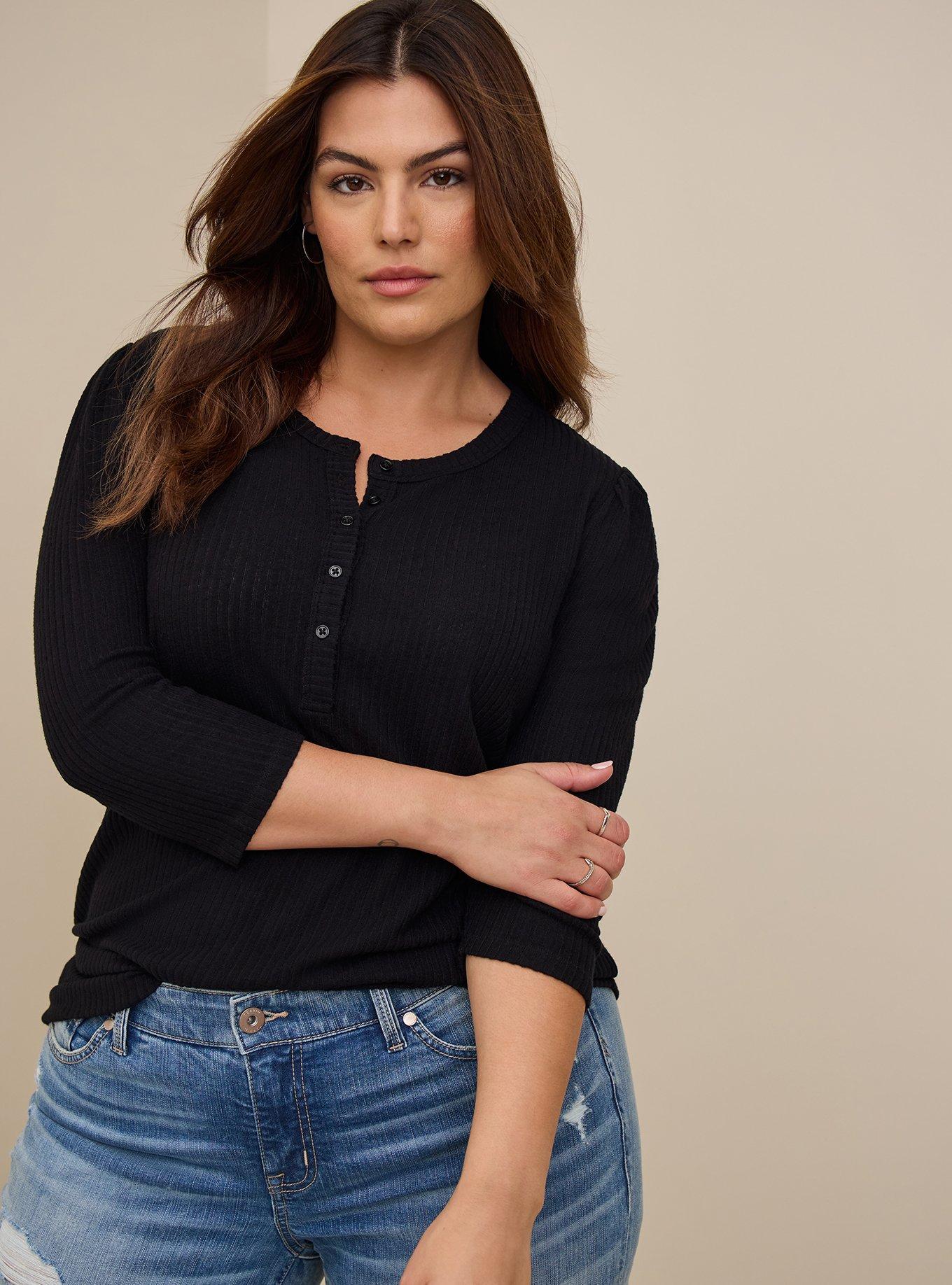 Plus Size - Light Weight Rib Hacci 3/4 Sleeve Henley Top - Torrid