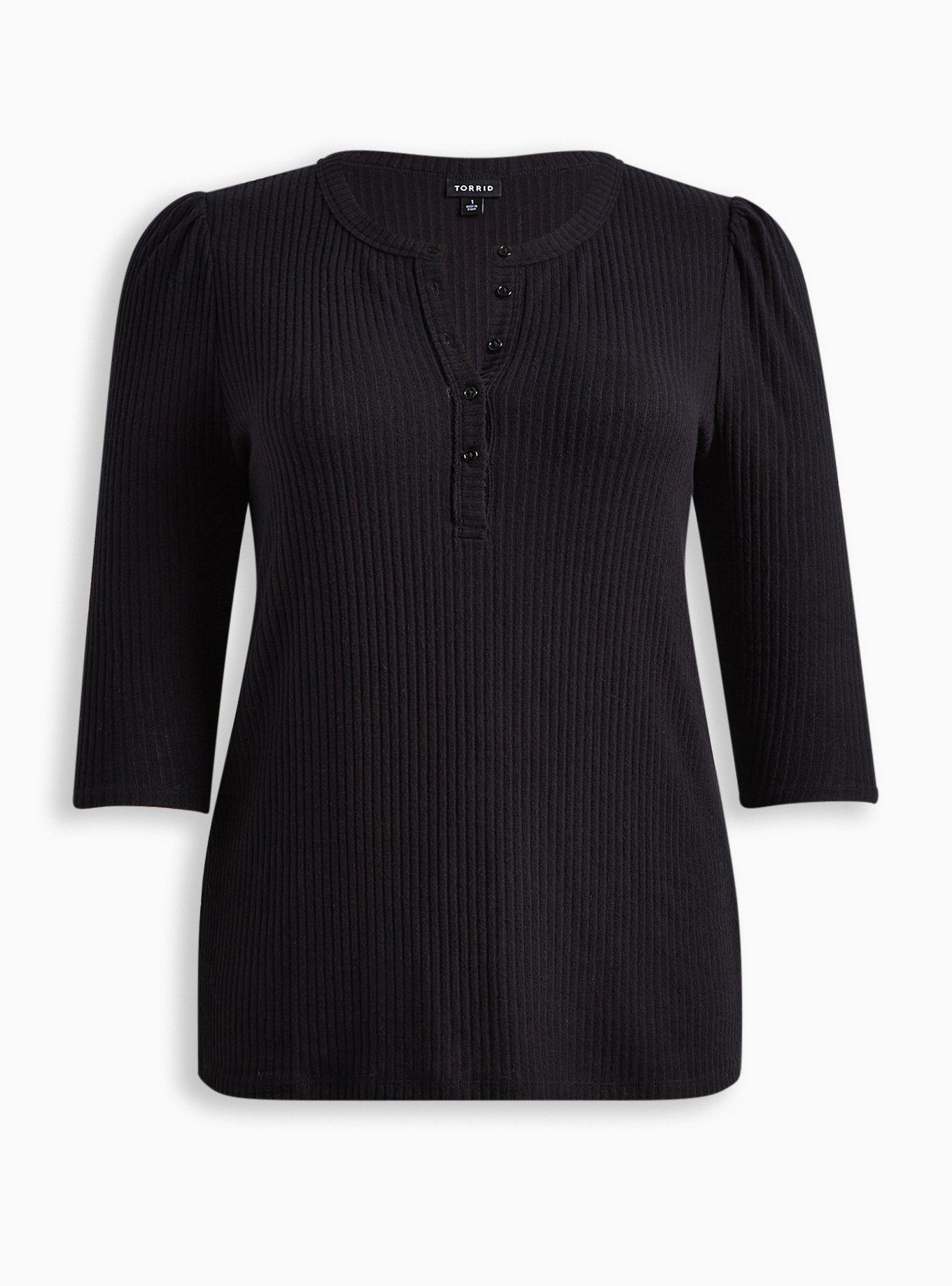 Plus Size - Light Weight Rib Hacci 3/4 Sleeve Henley Top - Torrid