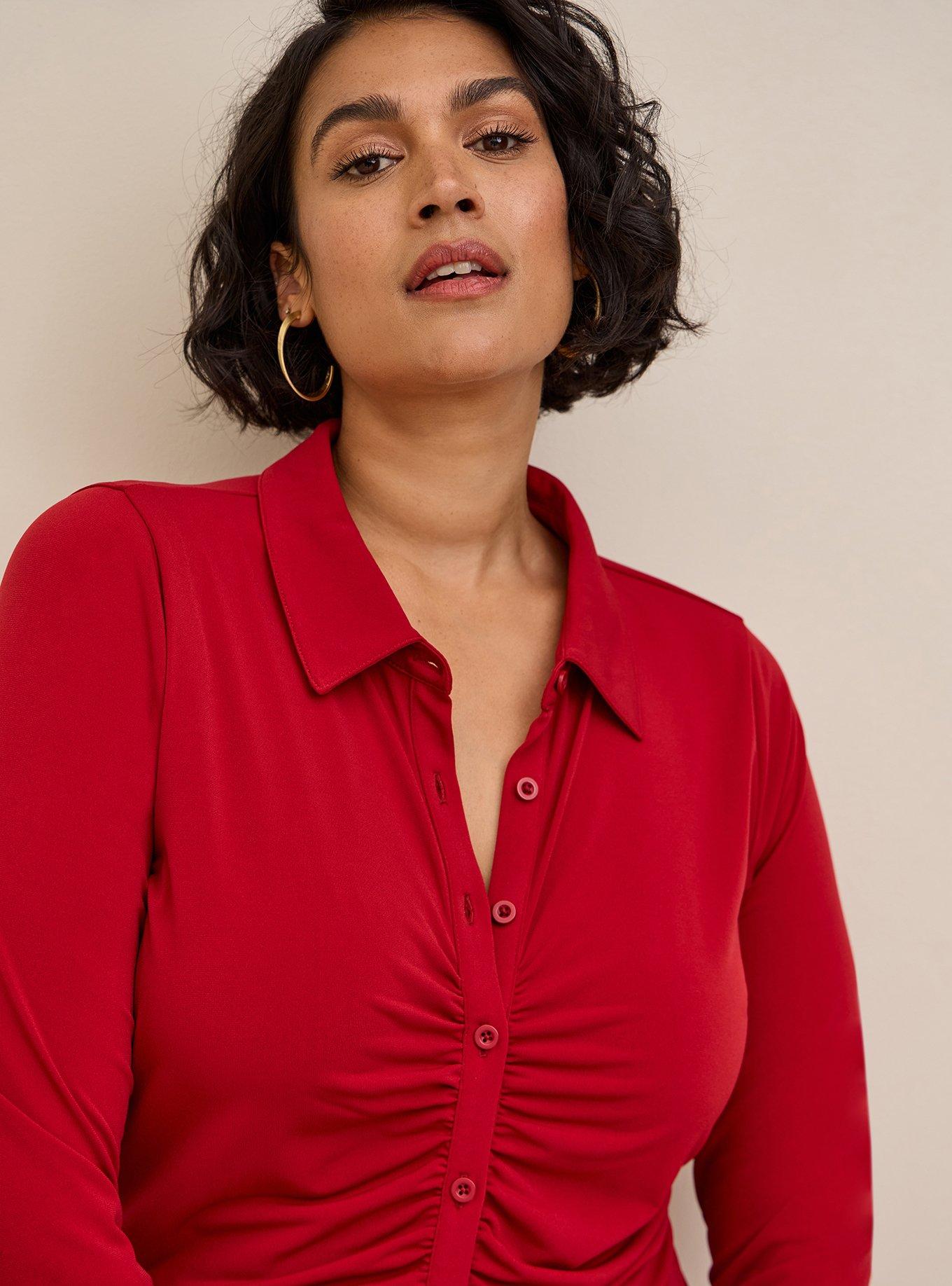 Plus Size - Studio Knit Shirred Front Button-Front Shirt - Torrid