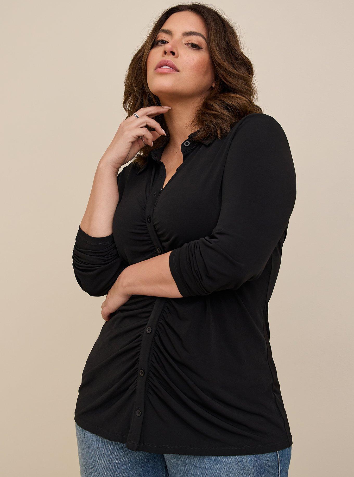 Plus Size - Studio Knit Shirred Front Button-Front Shirt - Torrid