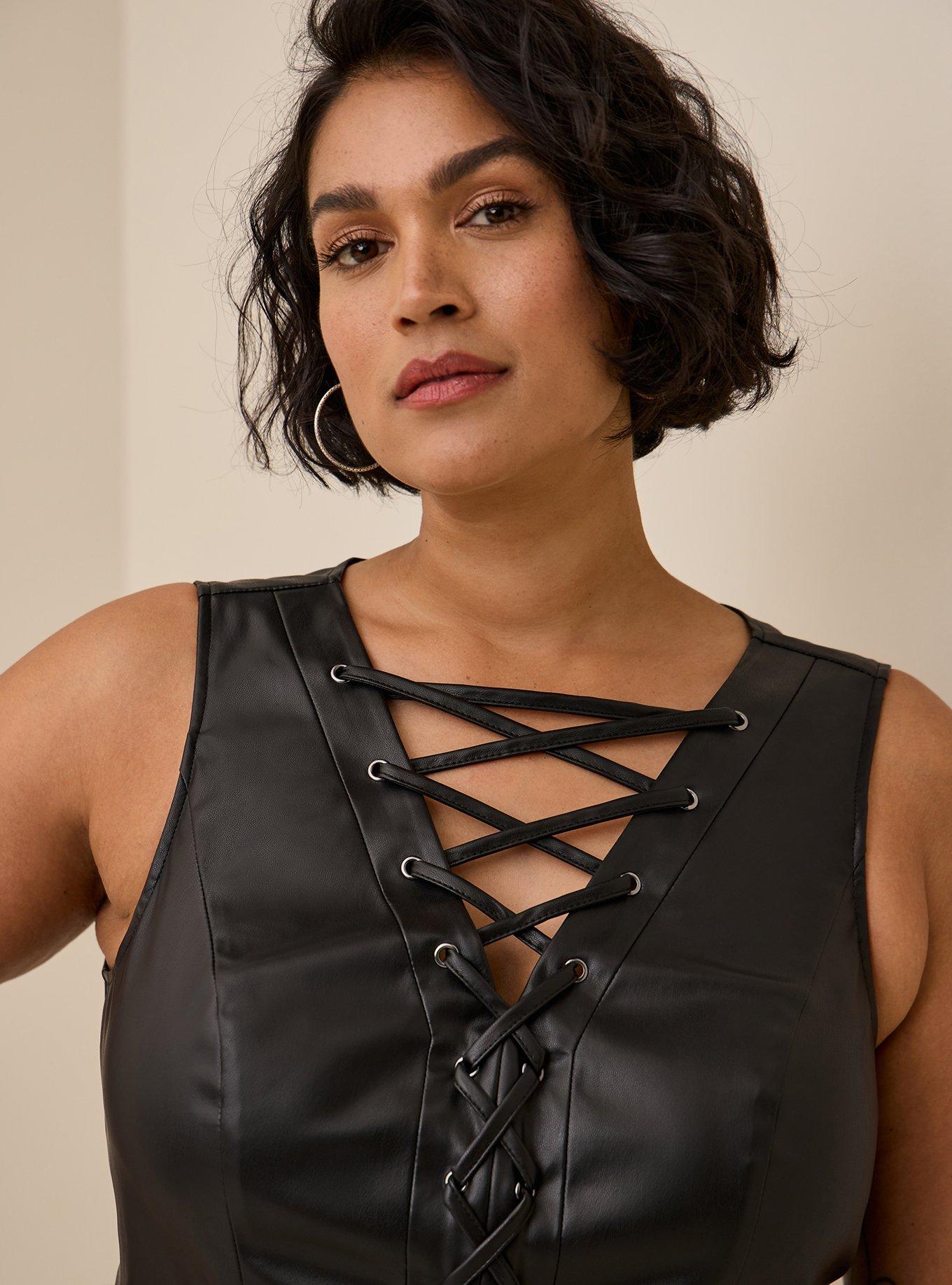 Plus Size - Peplum Faux Fur Leather Lace Up Top - Torrid