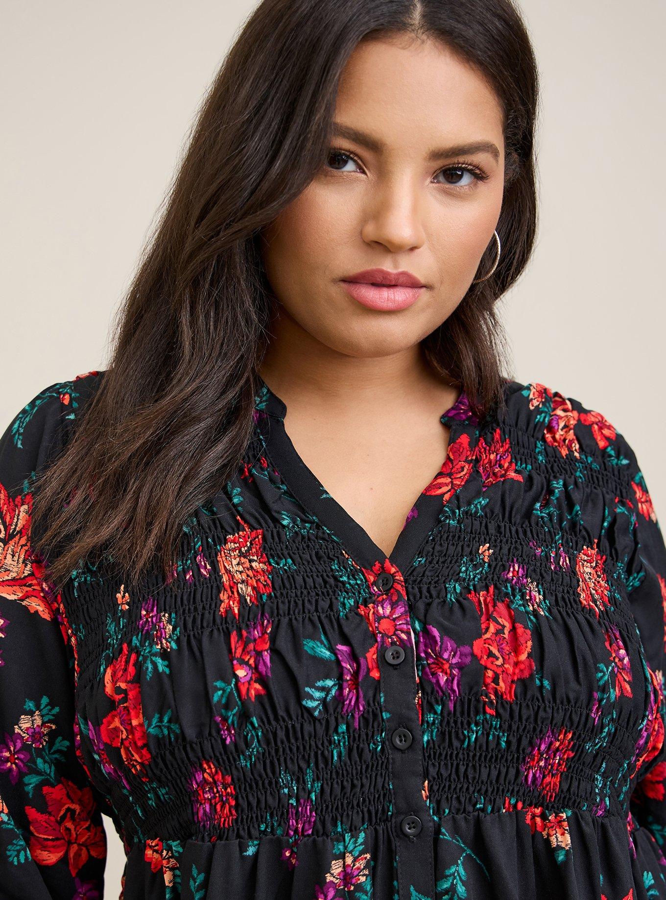 Plus Size - Rayon Twill Smocked Button-Front Tunic Top - Torrid