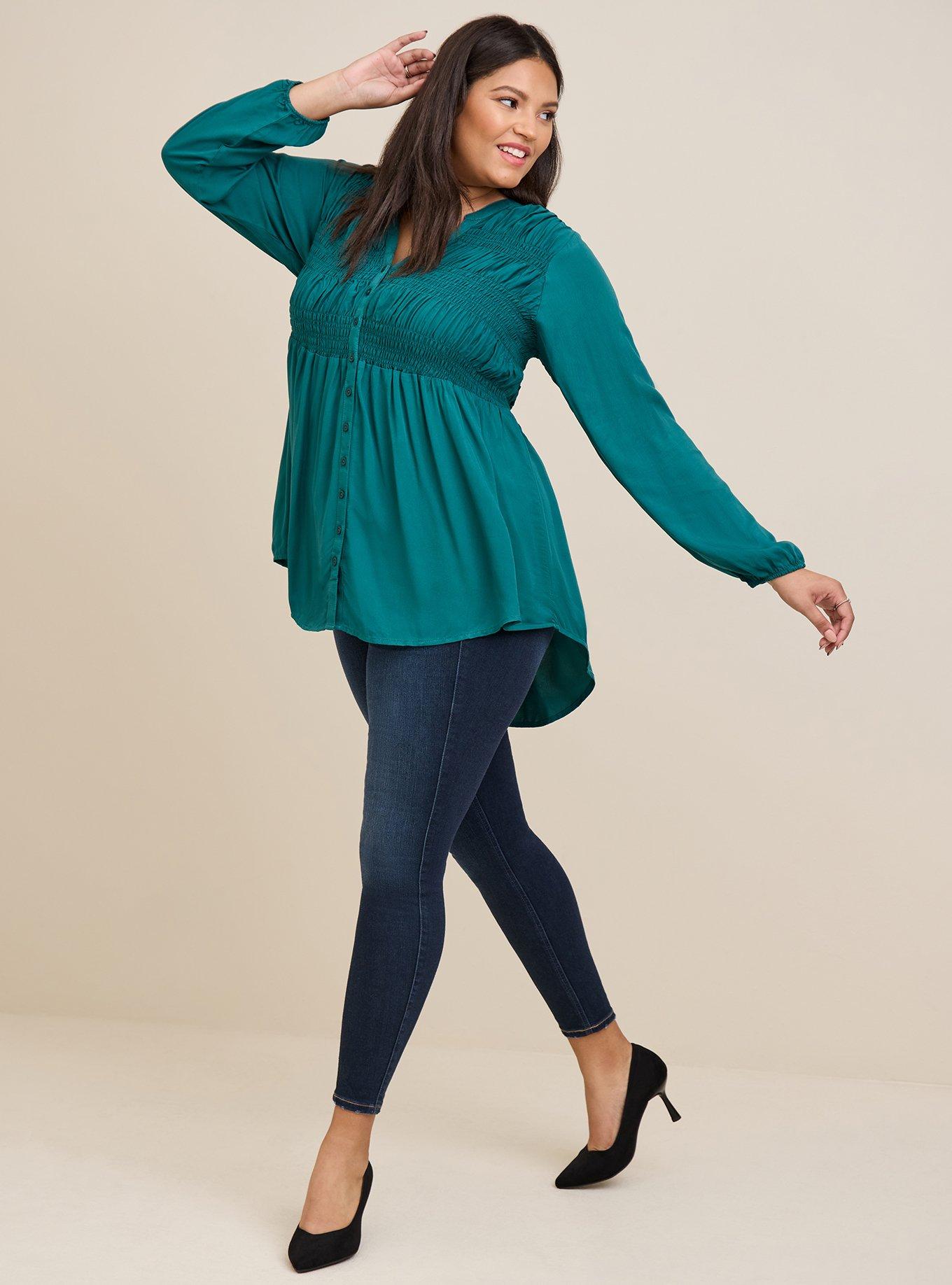 Plus Size - Rayon Twill Smocked Button-Front Tunic Top - Torrid