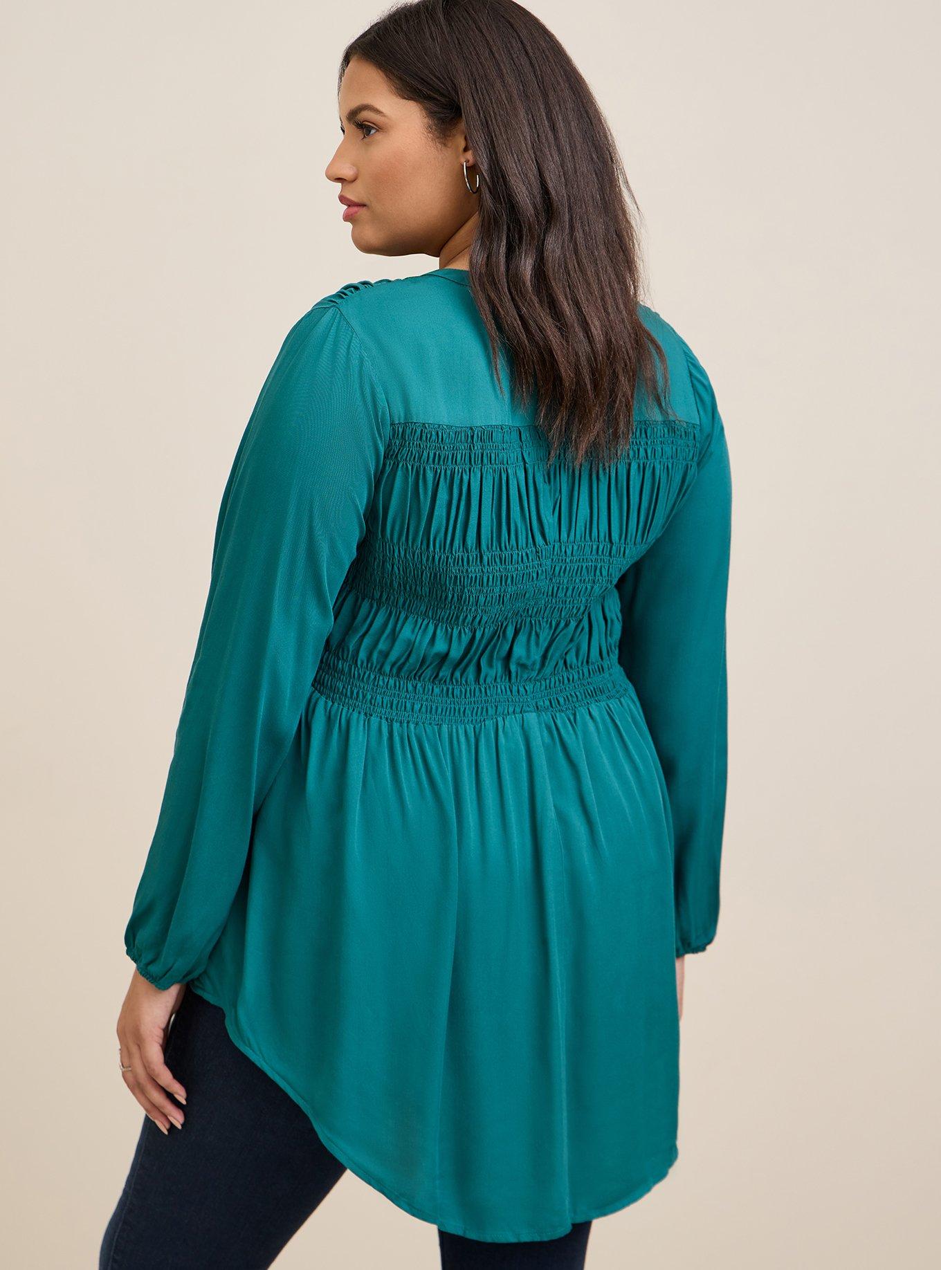 Plus Size - Rayon Twill Smocked Button-Front Tunic Top - Torrid