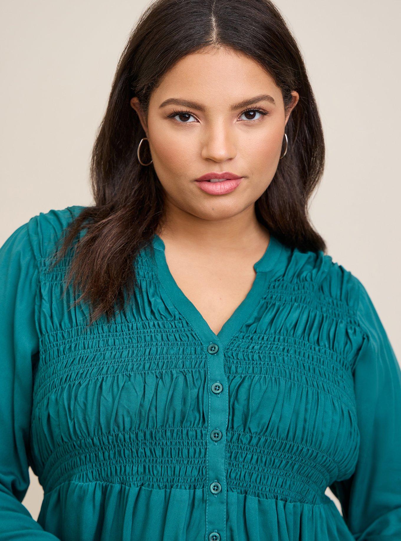 Plus Size - Rayon Twill Smocked Button-Front Tunic Top - Torrid