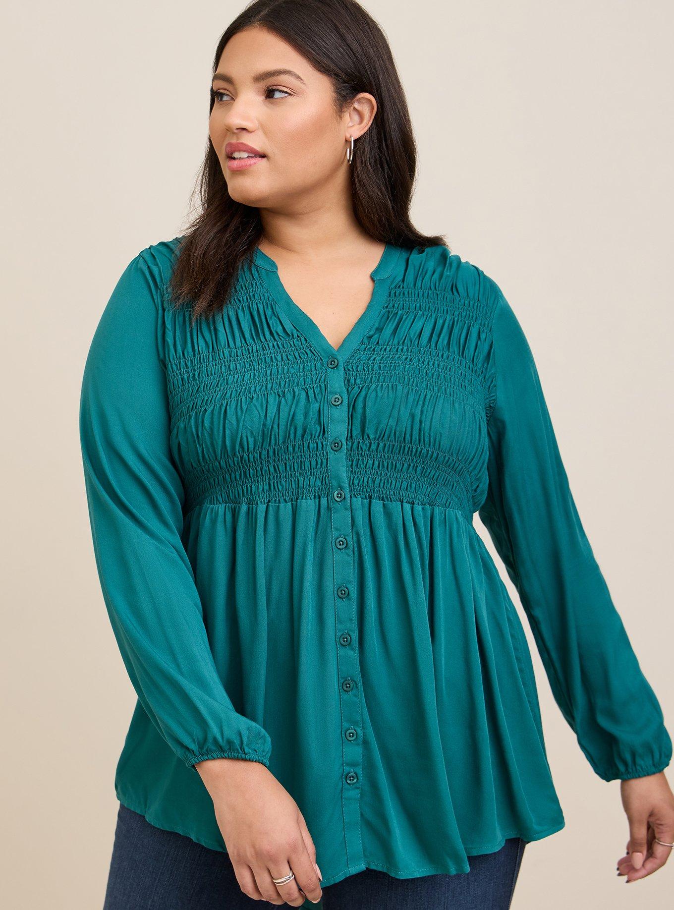 Plus Size - Rayon Twill Smocked Button-Front Tunic Top - Torrid