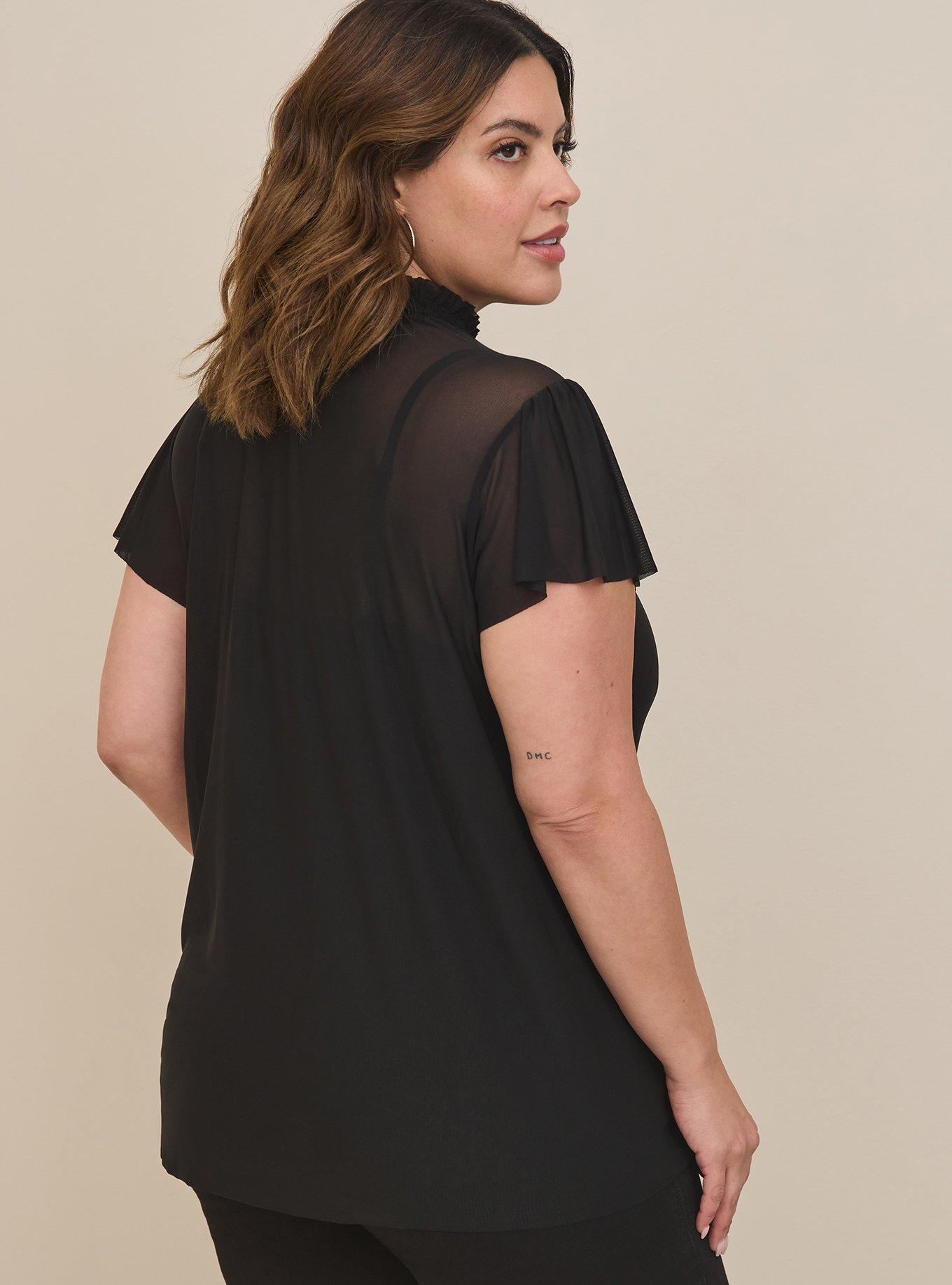 Plus Size - Sheer Stretch Mesh Smocked Neck Flutter Sleeve Top - Torrid