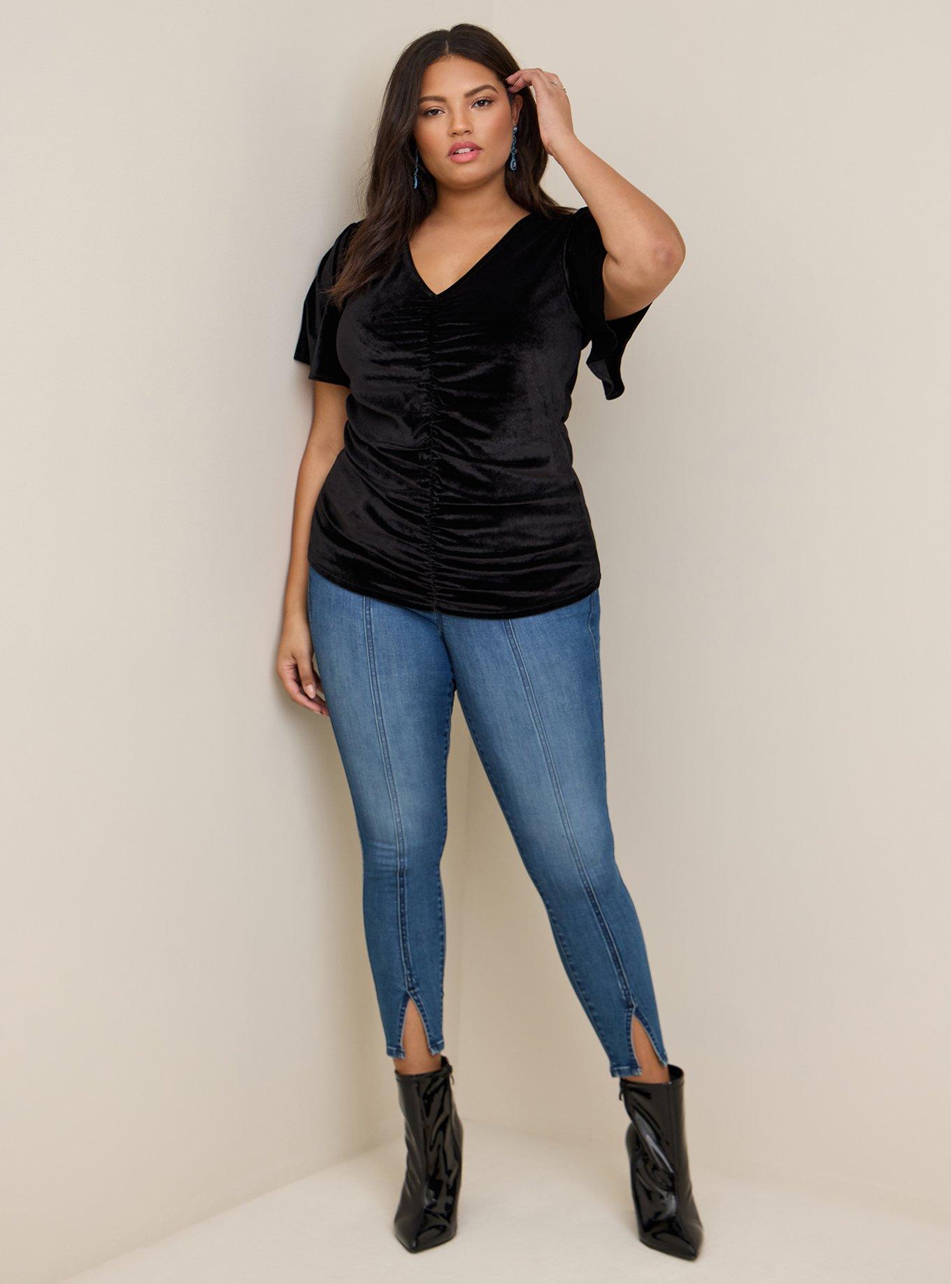 Plus Size - Stretch Velvet Shirred-Front Flutter Sleeve Top - Torrid