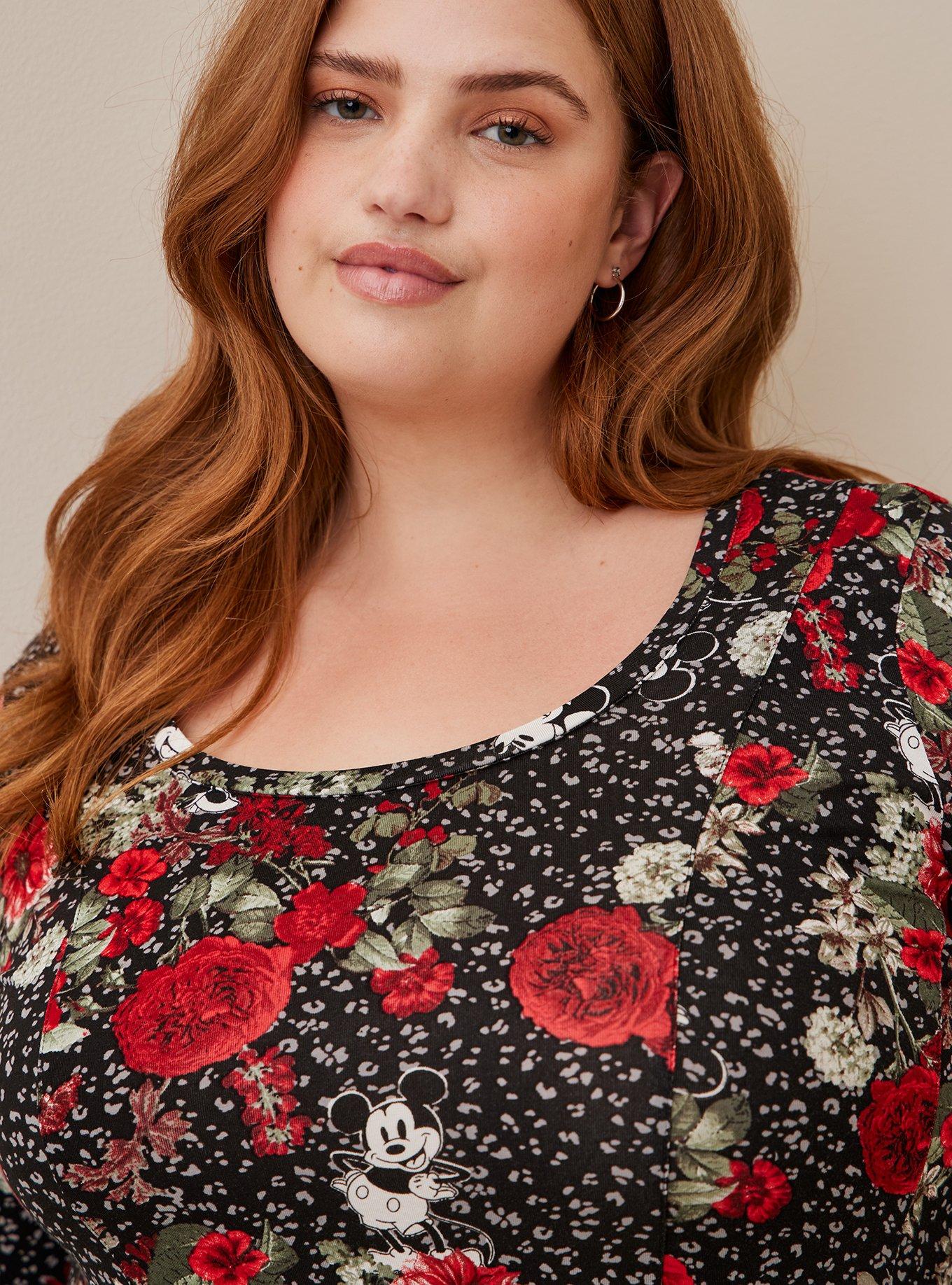 Plus Size - Disney Mickey Floral Rayon Slub Fit & Flare Top - Torrid