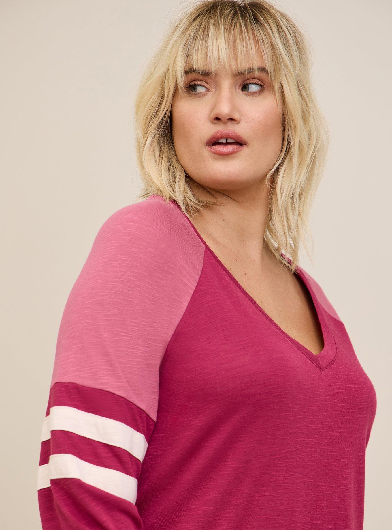 Plus Size - Feather Soft Slub V-Neck Varsity Raglan Tee - Torrid