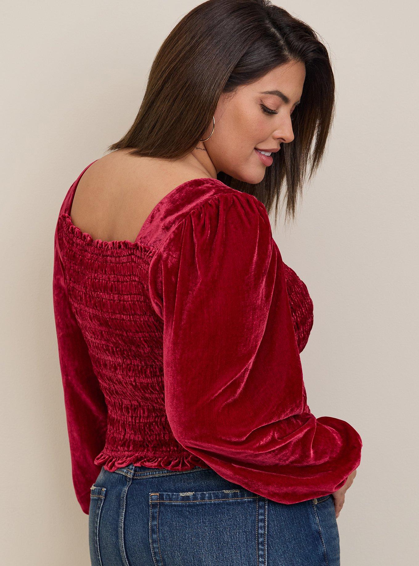 Plus Size - Velvet Smocked Blouson Sleeve Crop Top - Torrid