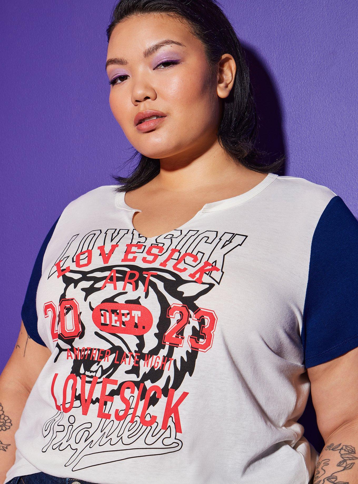 Plus Size - Lovesick Cotton Notch Neck Colorblock Sleeve Graphic Tee ...