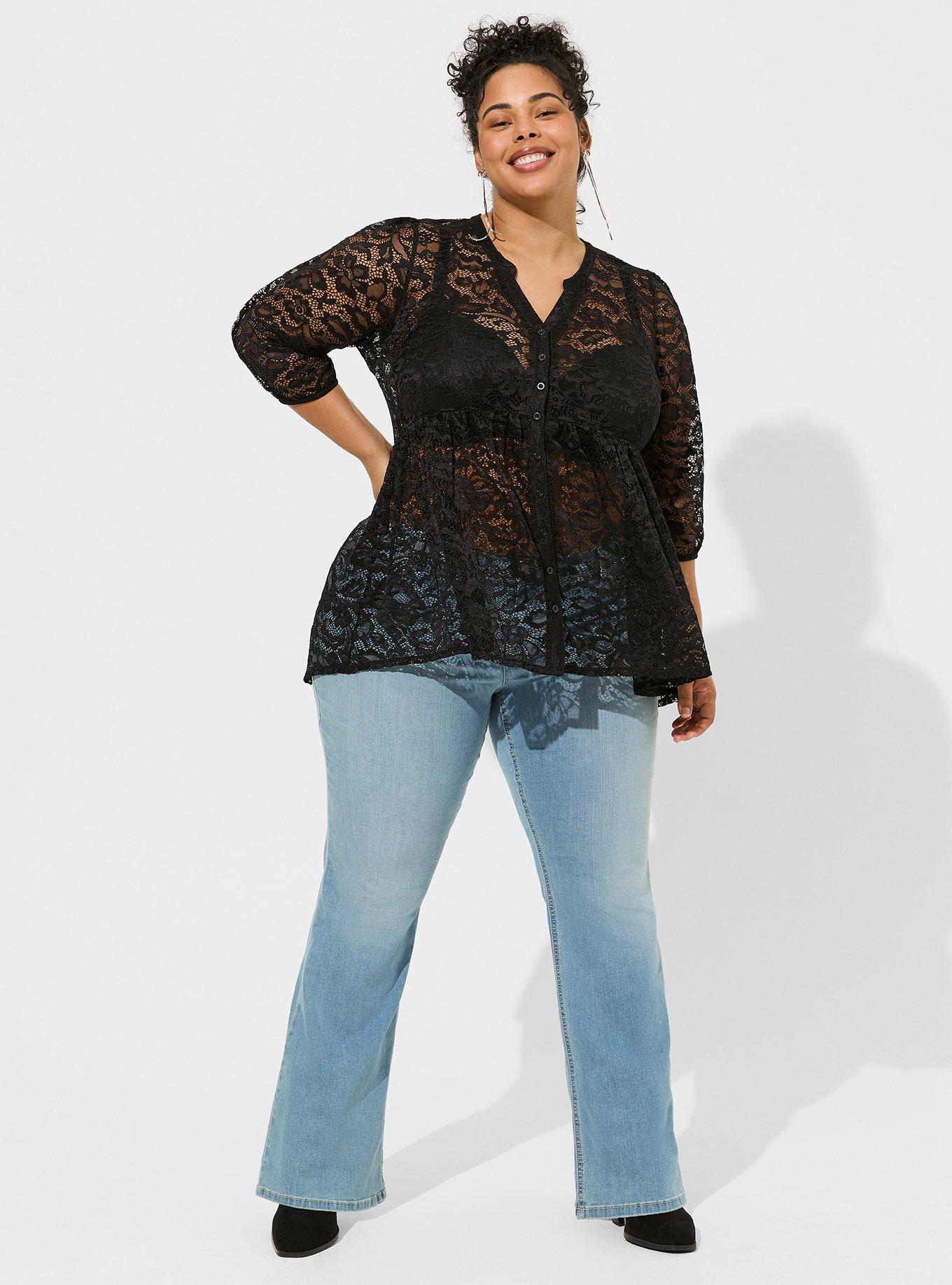 Plus Size - Babydoll Sheer Lace Button Down Tunic Top - Torrid
