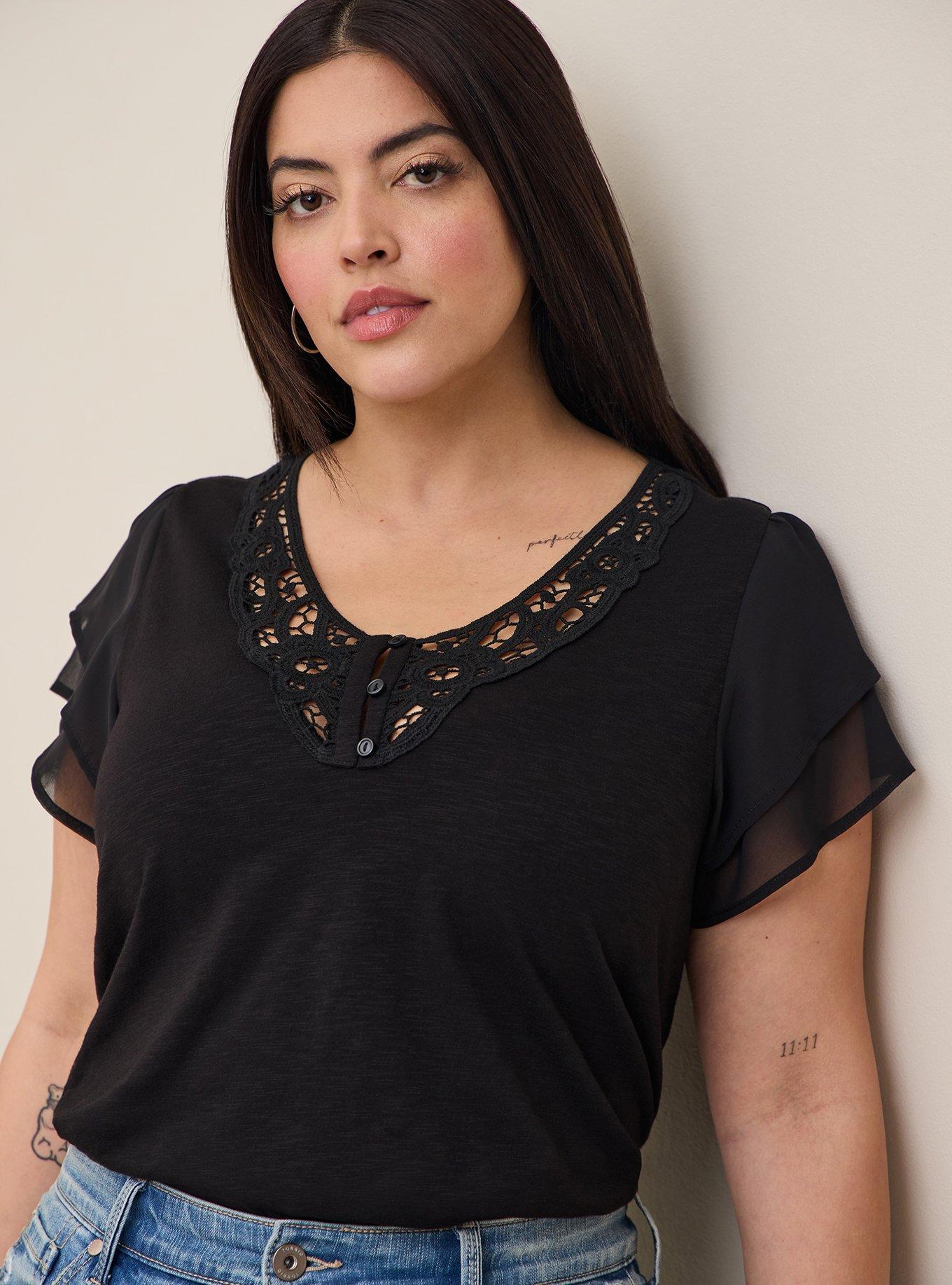 Plus Size - Super Soft Slub Crochet Inset Chiffon Flutter Sleeve Top ...