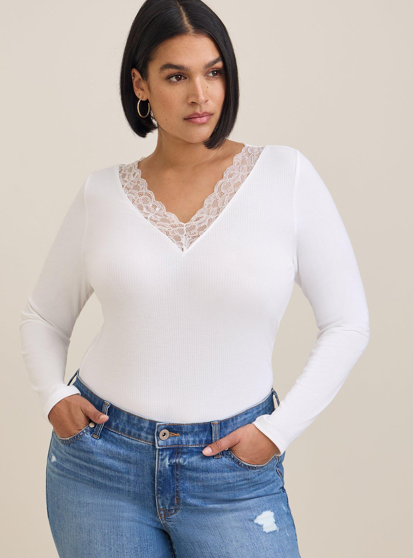 Plus Size - Super Soft Rib Lace Trim V-Neck Top - Torrid