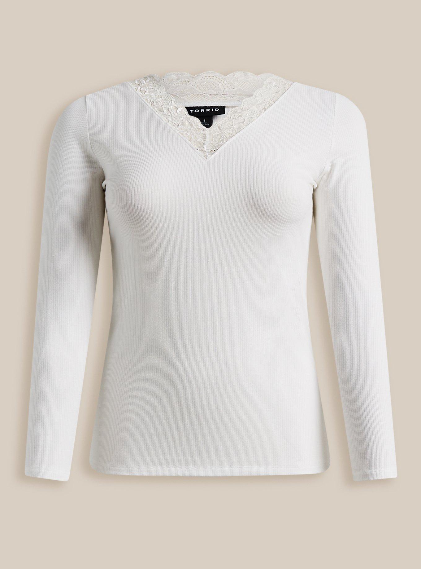 Plus Size - Super Soft Rib Lace Trim V-Neck Top - Torrid