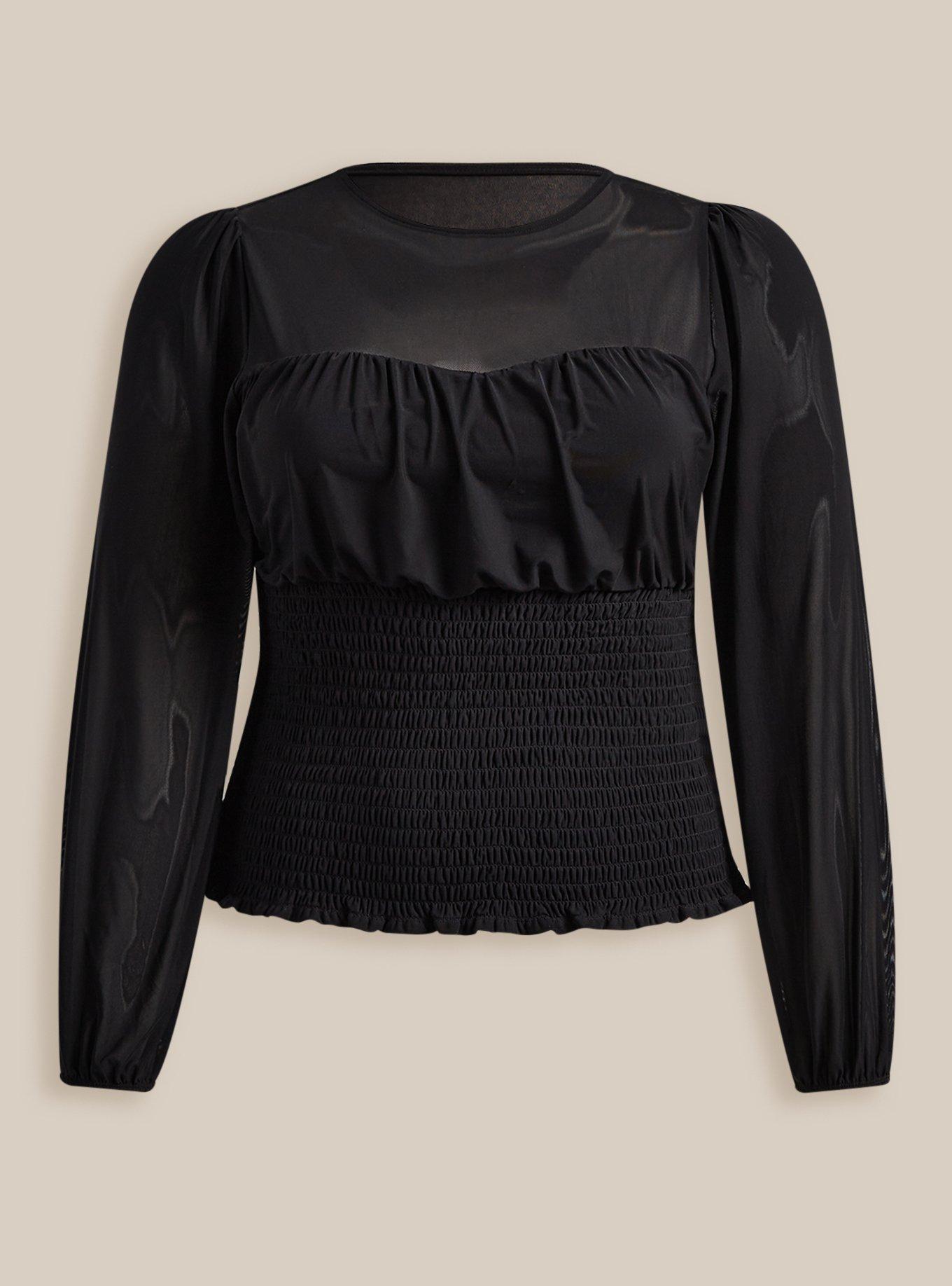 Plus Size - Stretch Mesh Sweetheart Smocked Long Sleeve Top - Torrid