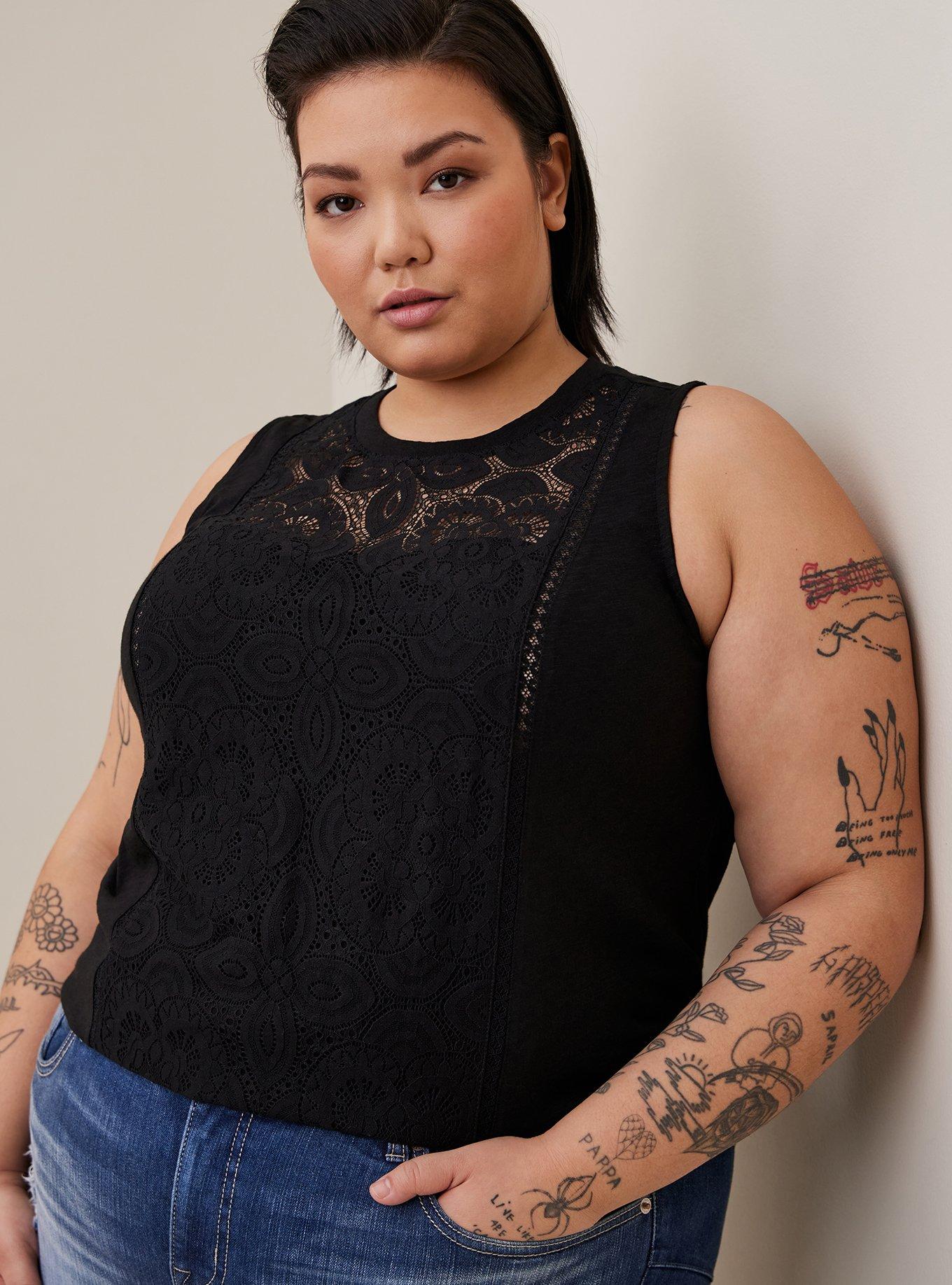 Plus Size - Cotton Modal Slub Lace Inset Mock Neck Tank - Torrid