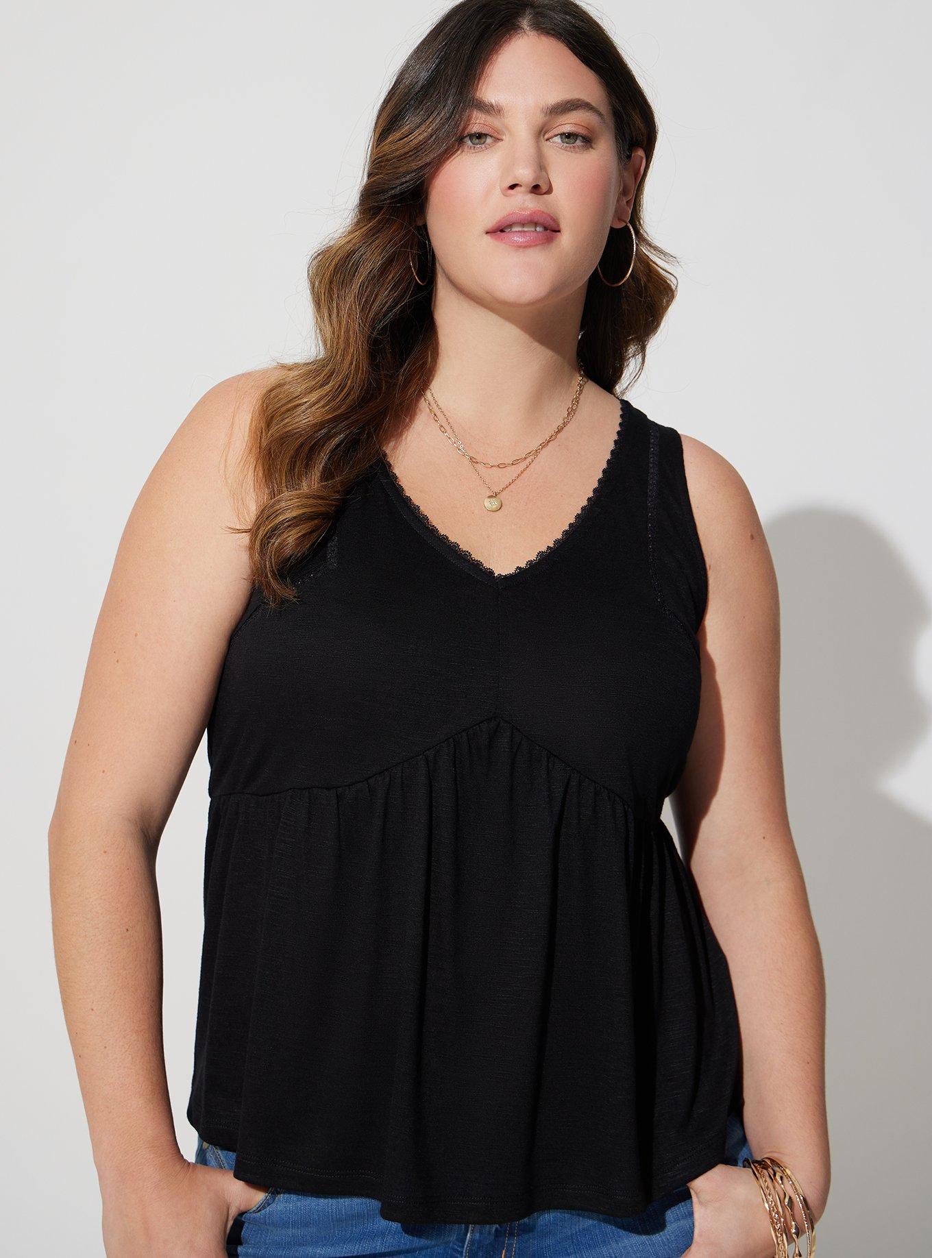 Plus Size - Cotton Modal Slub Ladder Trim V-Neck Babydoll Tank - Torrid