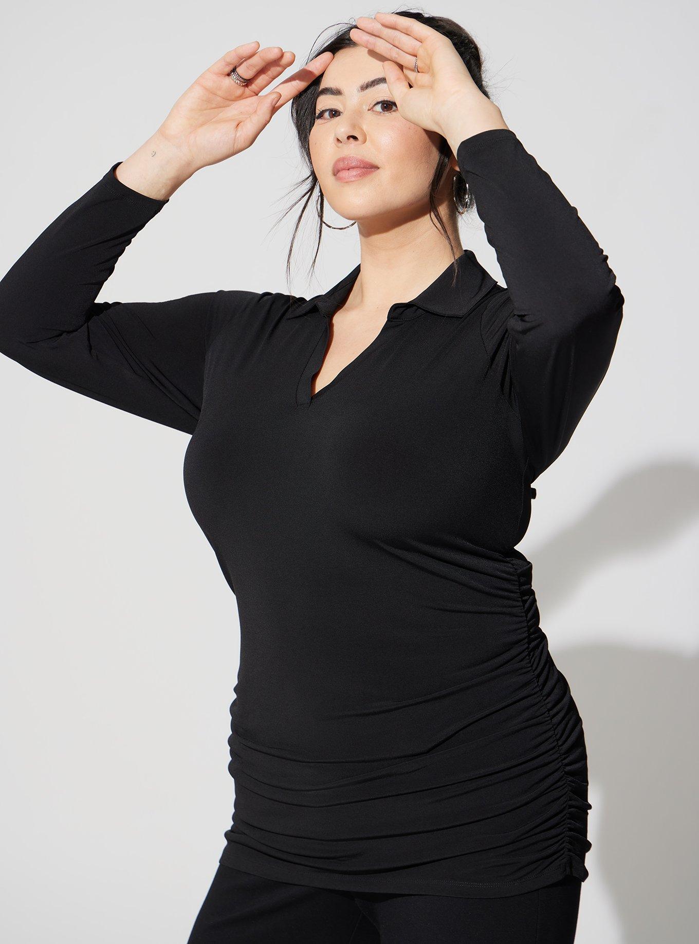Plus Size - Studio Knit Collared Ruched Long Sleeve Shirt - Torrid