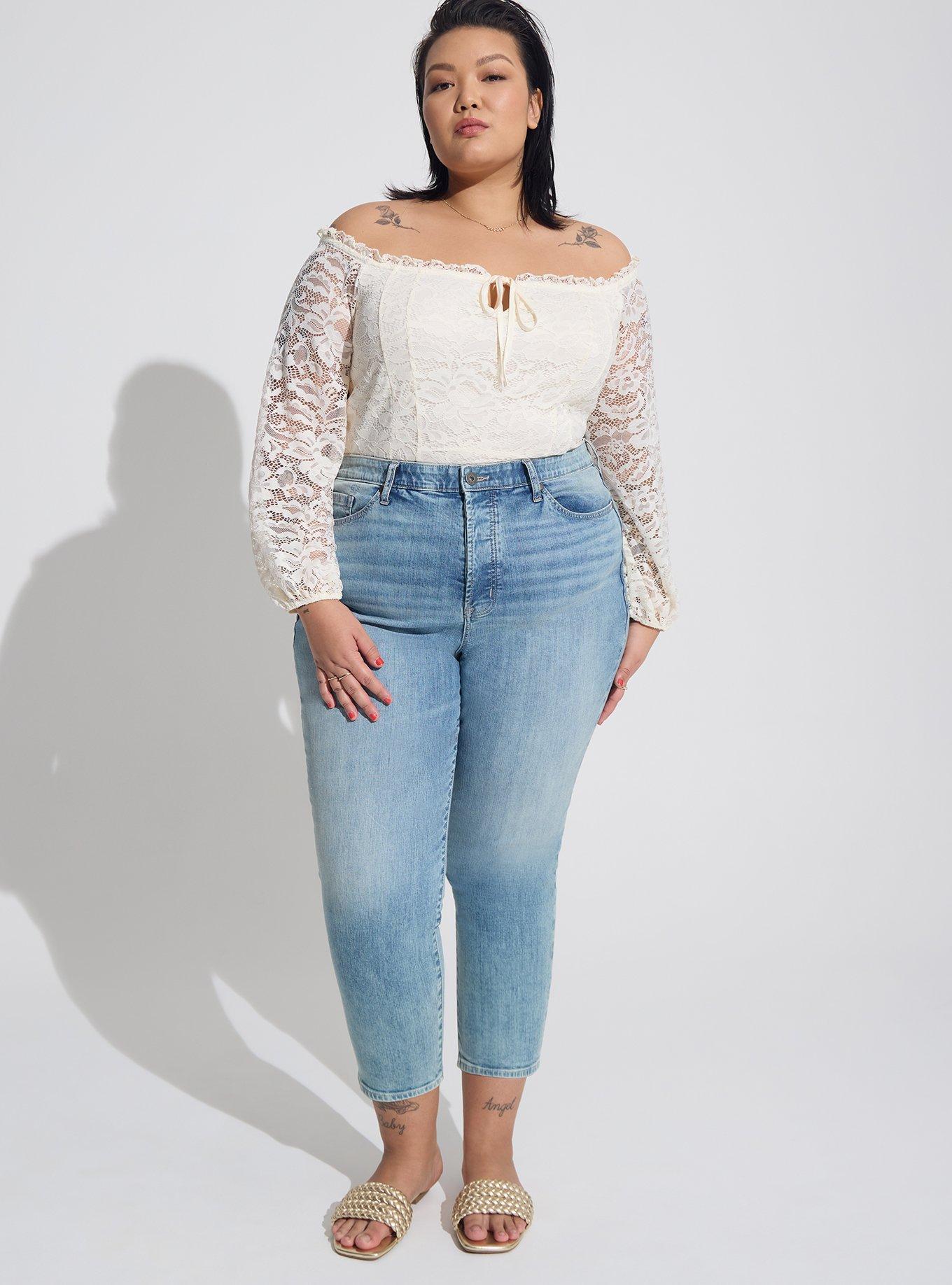 Plus Size - Stretch Lace Off Shoulder Corset Seamed Long Sleeve Top ...