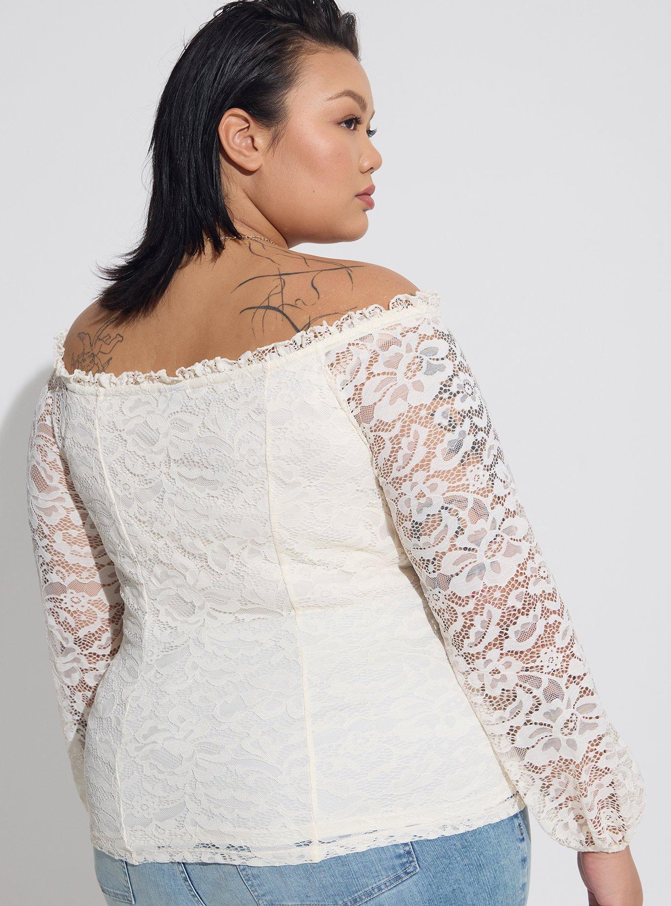 Plus Size - Stretch Lace Off Shoulder Corset Seamed Long Sleeve Top ...