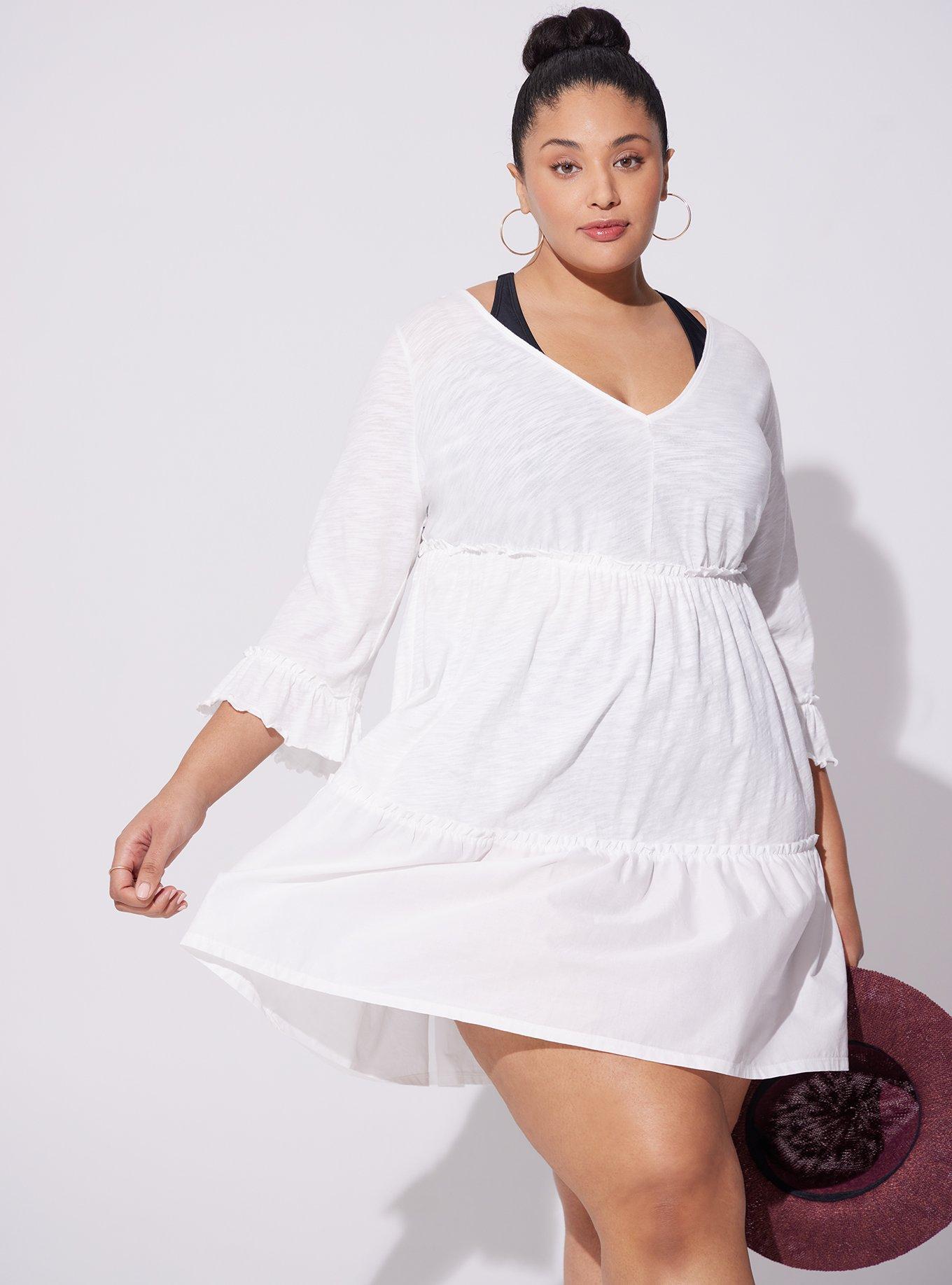 Plus Size - Mini Cotton Ruffle Long Sleeve Beach Dress - Torrid