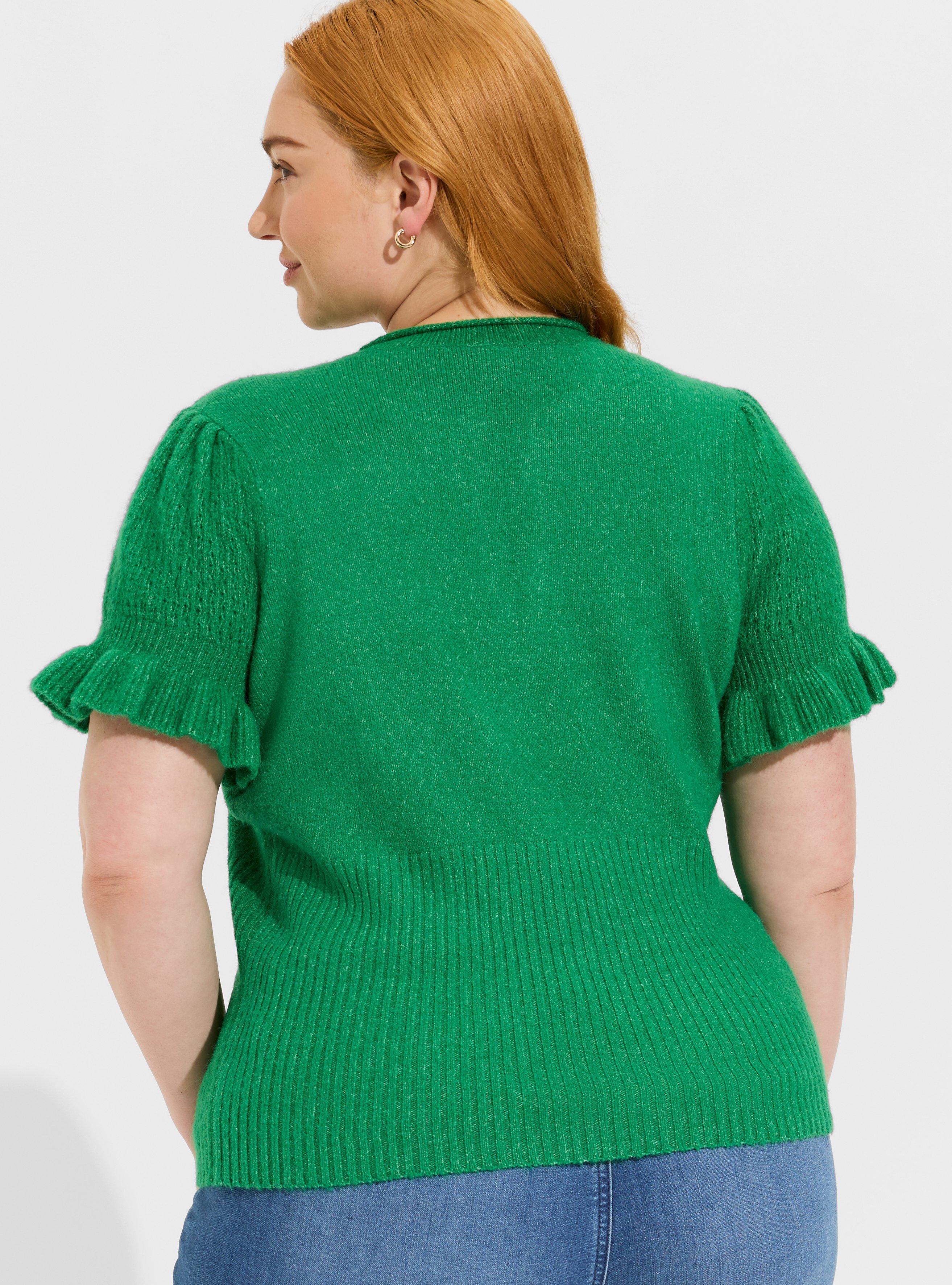 Plus Size - Vegan Cashmere Pullover V-Neck Ruffle Elbow Sleeve Pullover ...